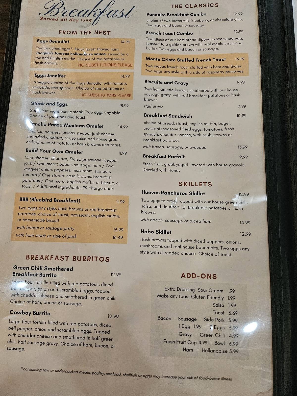 Menu at The Bluebird "At the historic Cheese Barrel", Casper