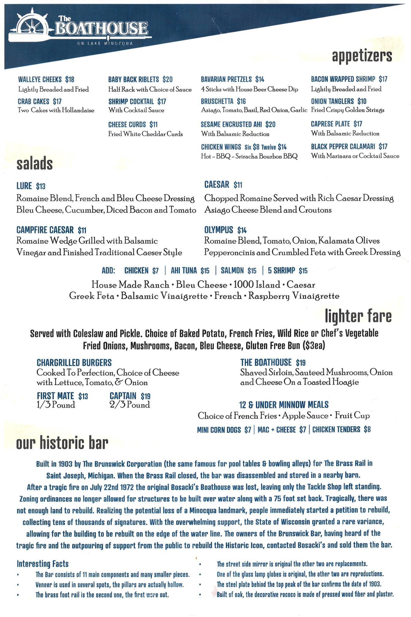 Menu at The Boathouse steakhouse, Minocqua