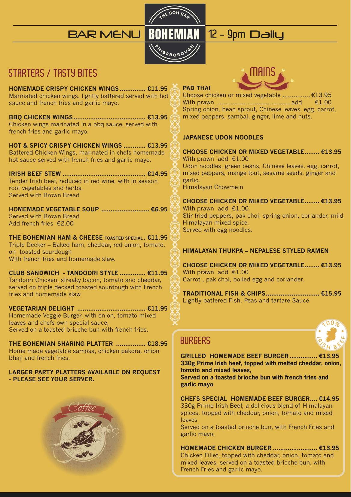 Menu at The Bohemian Pub, Dublin, 66 Phibsborough Rd