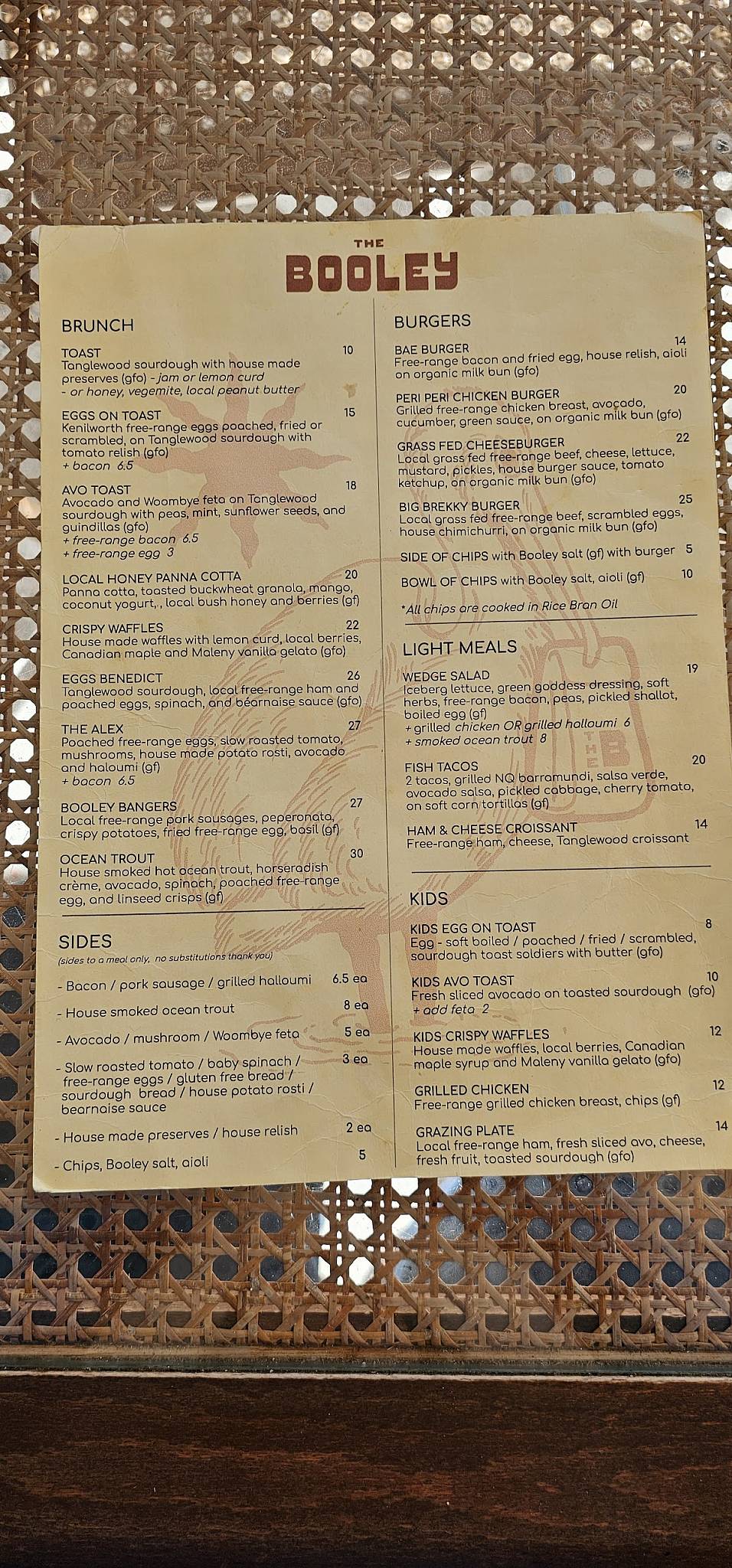 Menu at The Booley cafe, Alexandra Headland