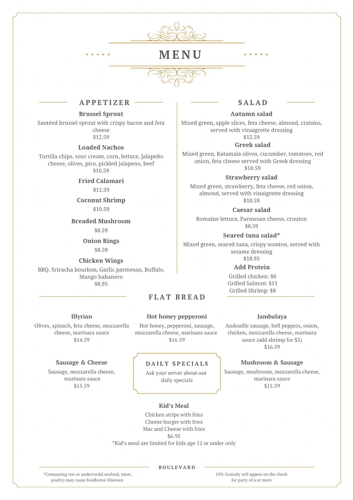 Menu at The Boulevard Bar & Grill, Clear Lake