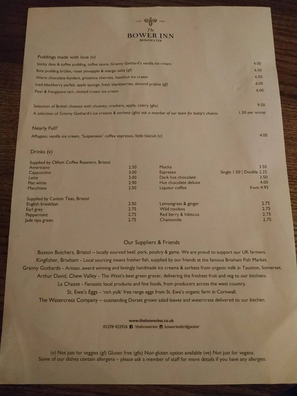Menu at The Bower Inn, Bridgwater pub & bar, Bridgwater