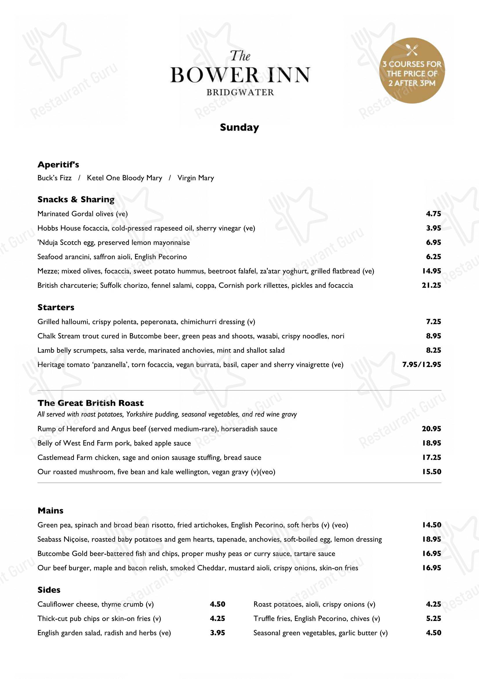 Menu at The Bower Inn, Bridgwater pub & bar, Bridgwater