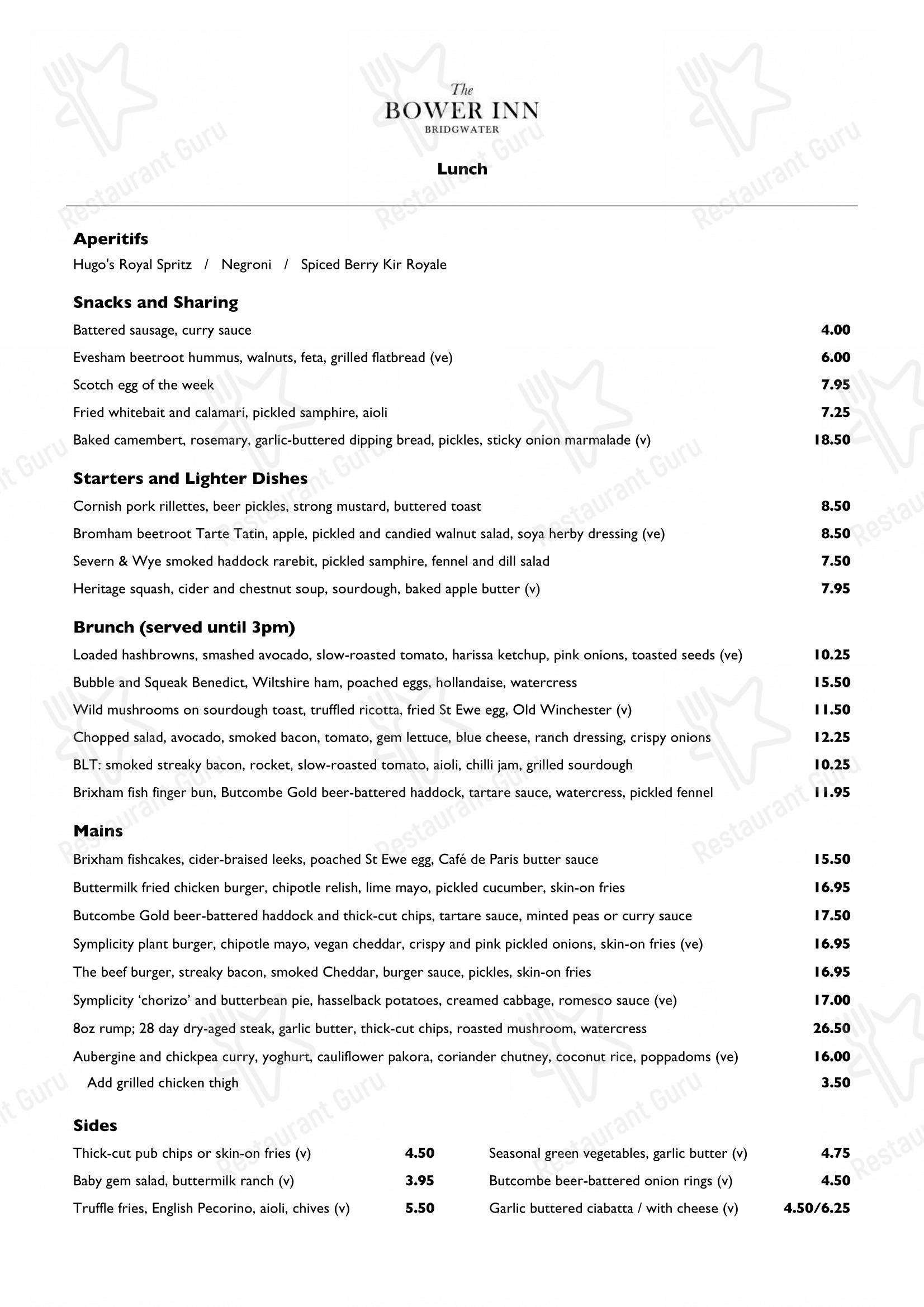 Menu at The Bower Inn, Bridgwater pub & bar, Bridgwater