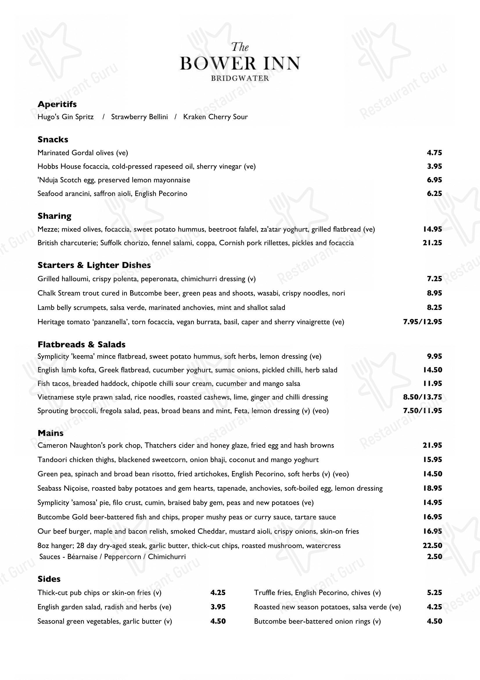 Menu at The Bower Inn, Bridgwater pub & bar, Bridgwater