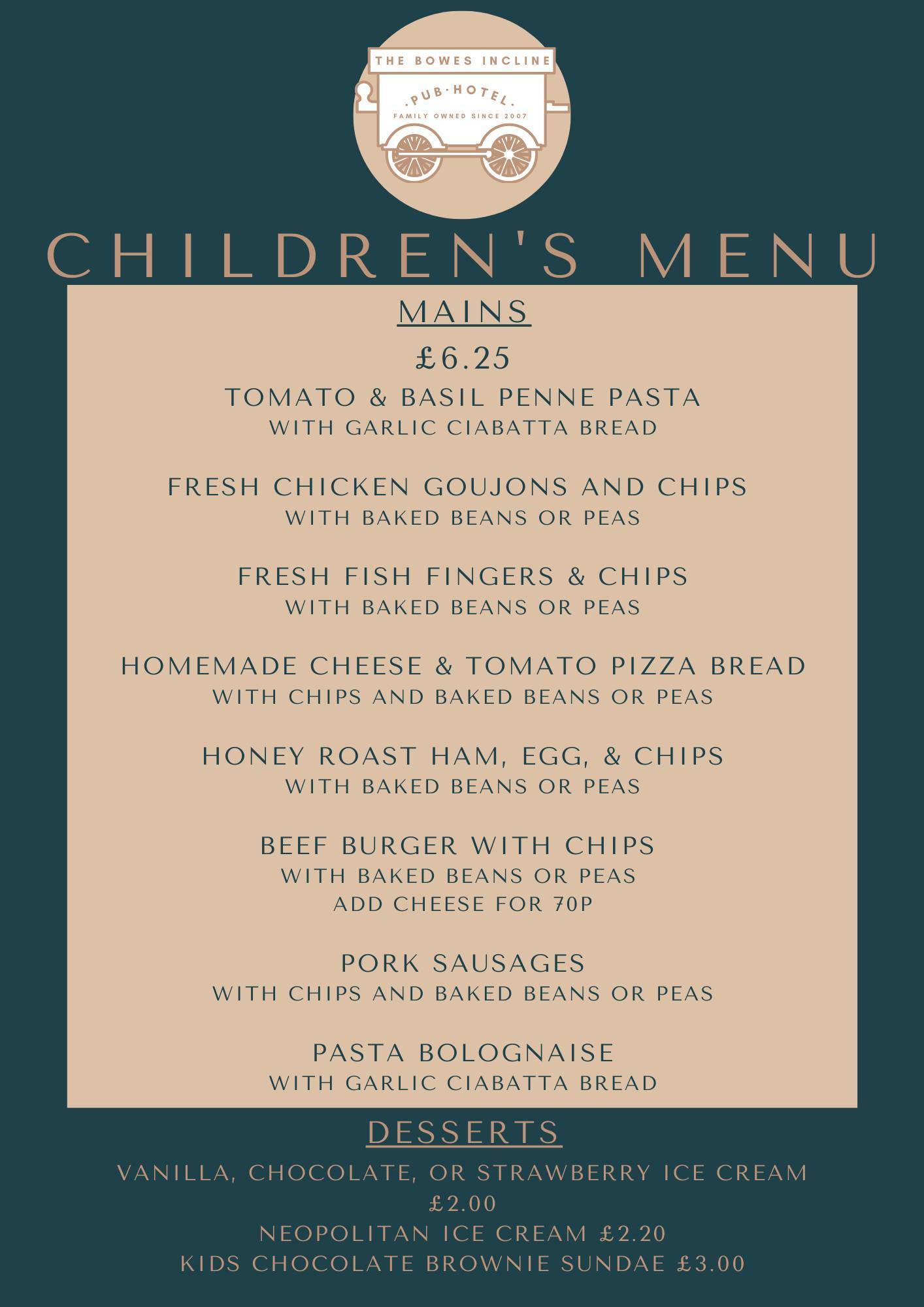 Menu at The Bowes Incline pub & bar, Gateshead