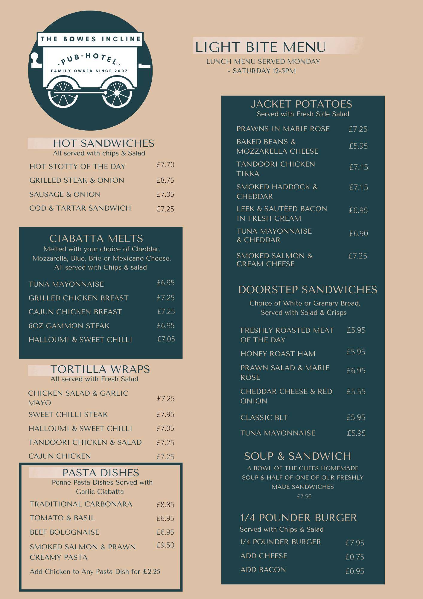 Menu at The Bowes Incline pub & bar, Gateshead