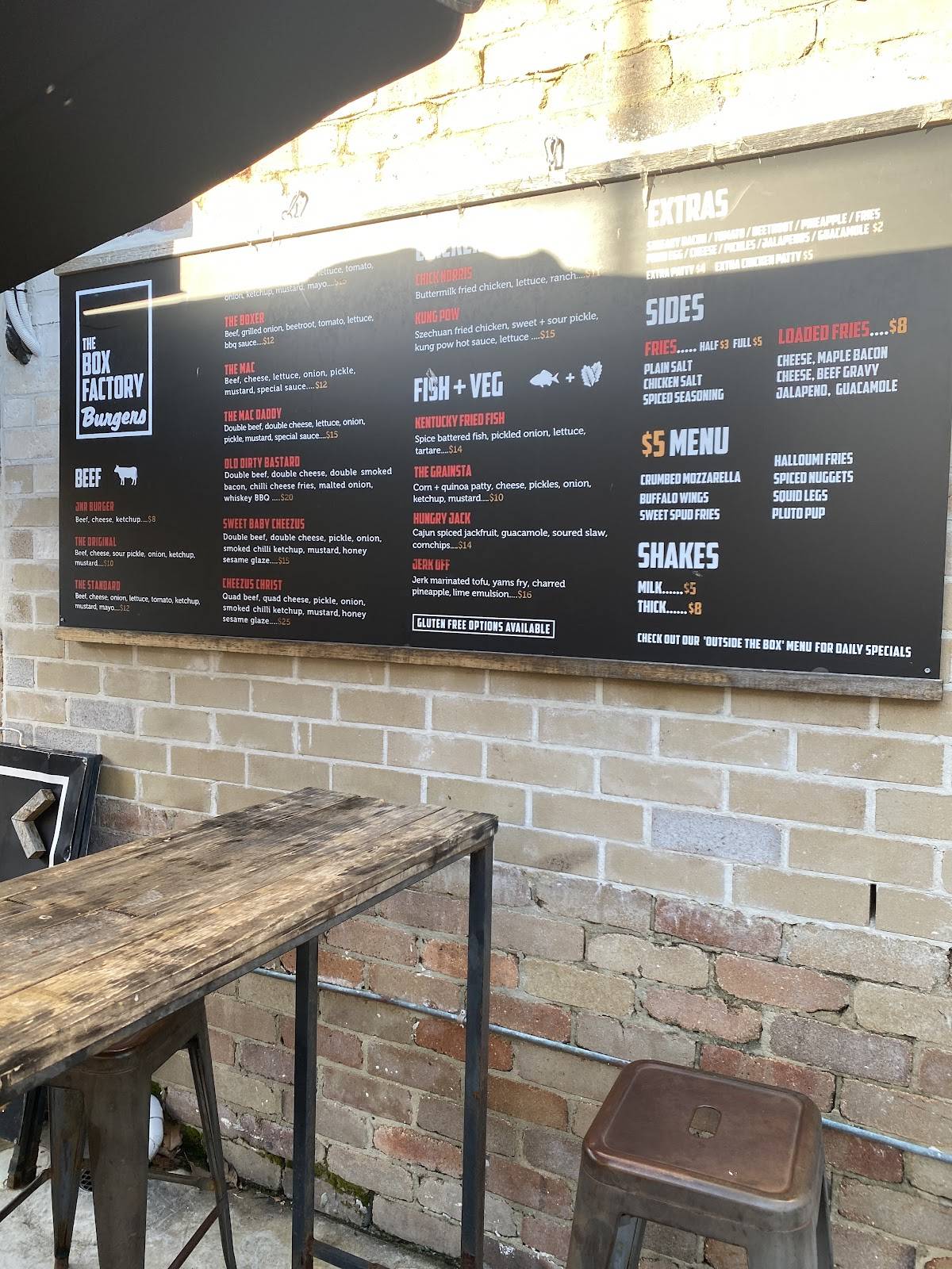 Menu at The Box Factory Burgers restaurant, Woolgoolga