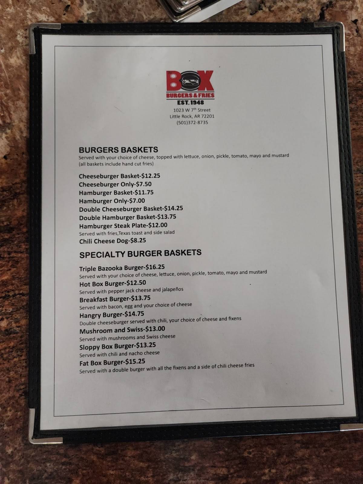 Menu at The Box restaurant, Little Rock, W 7th St