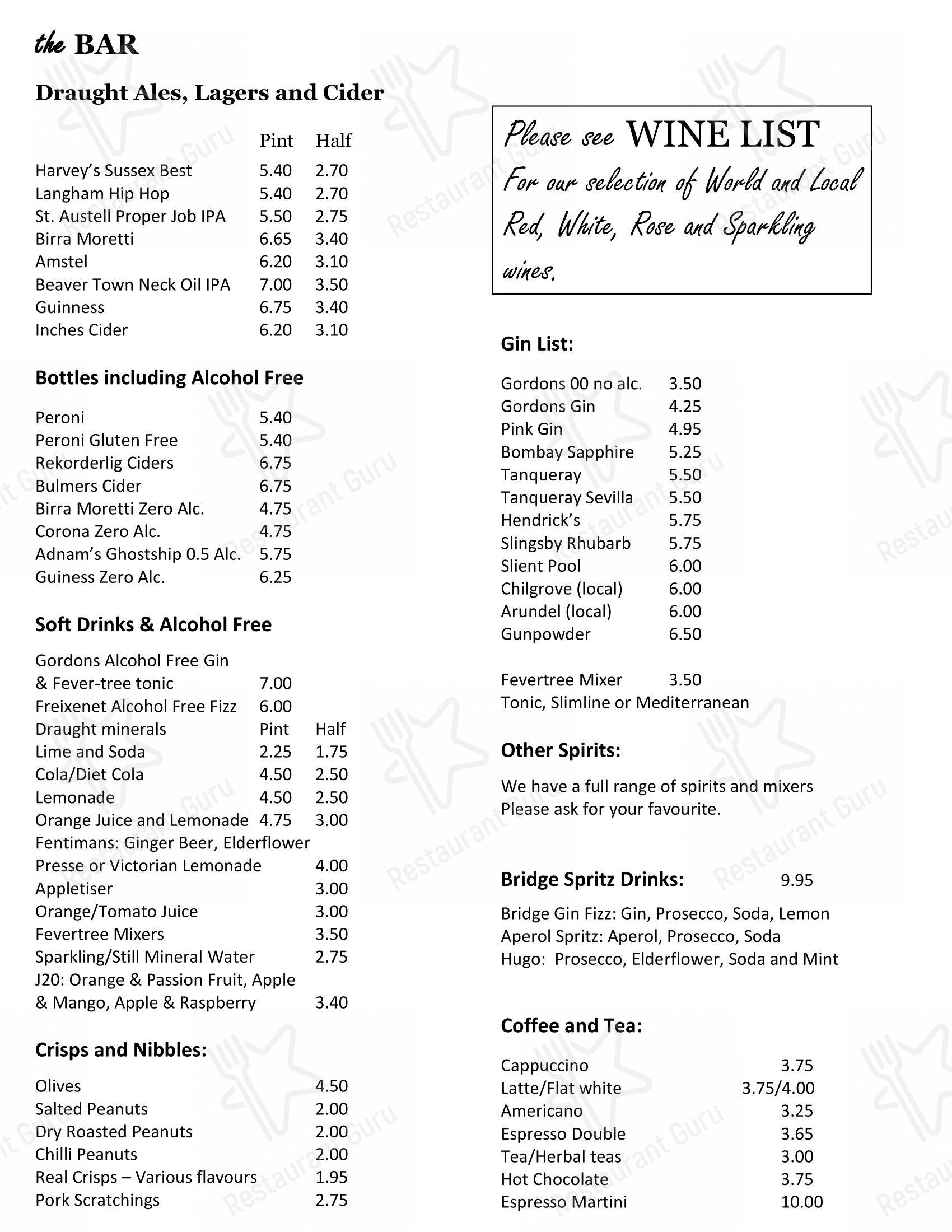 Menu at The Bridge Inn pub & bar, Arundel