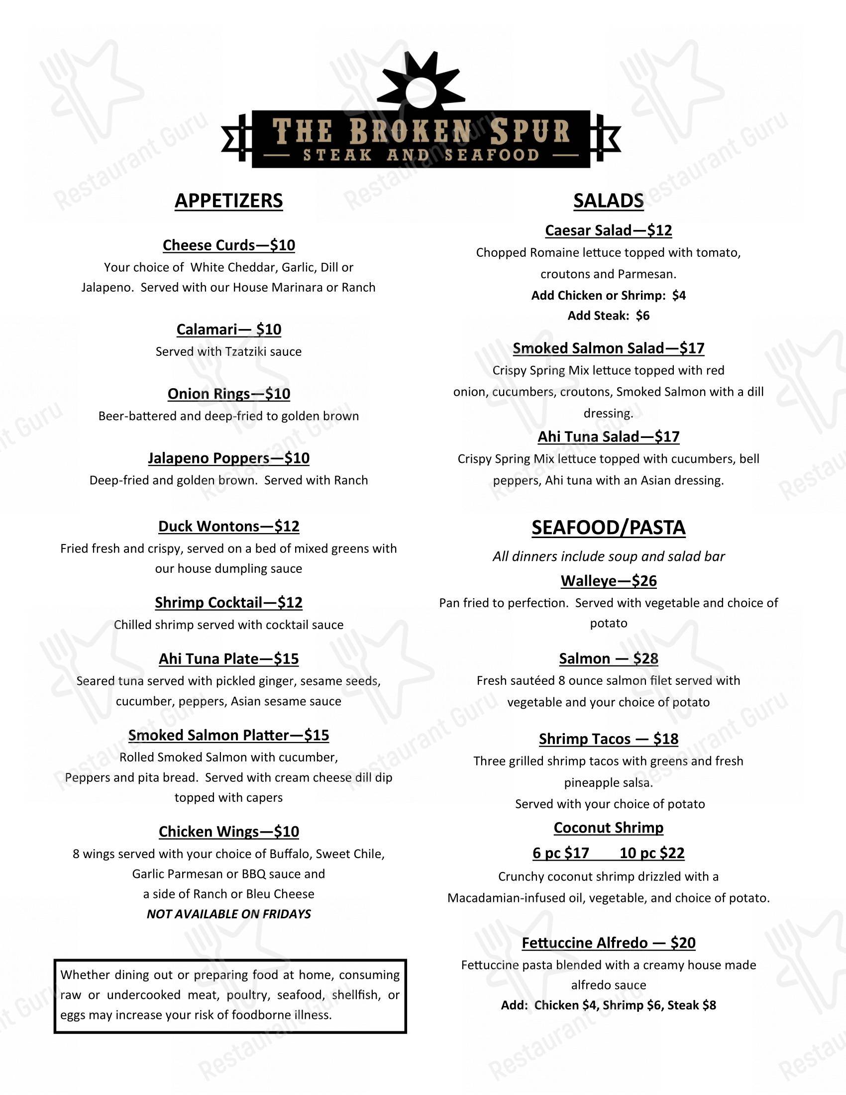 Menu at The Broken Spur Steak and Seafood steakhouse, Mauston