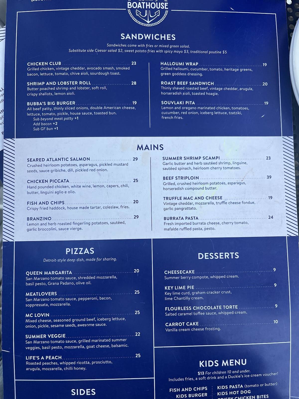 Menu at The Bronte Boathouse Restaurant and Event Venue, Oakville
