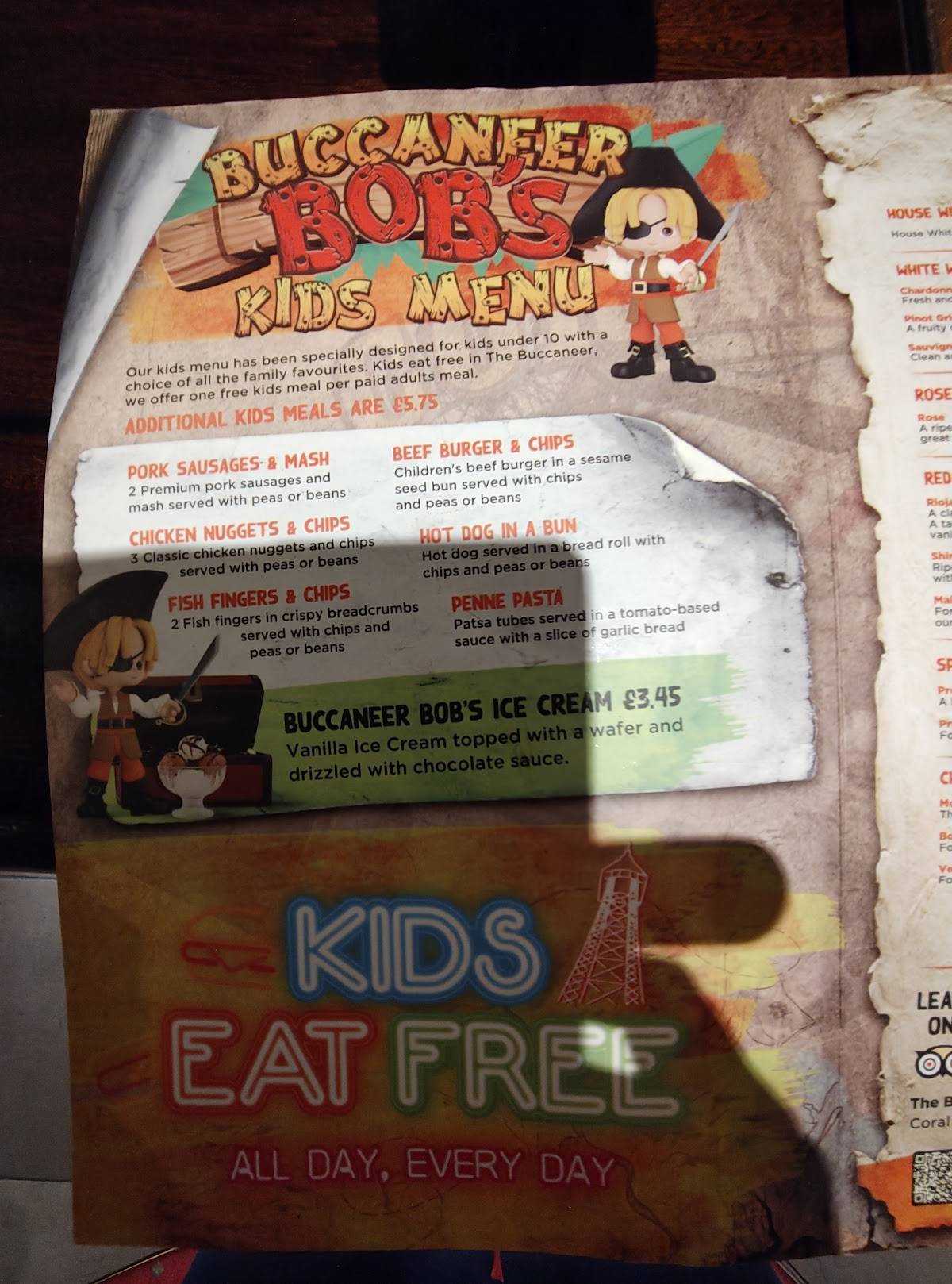 Menu at The Buccaneer restaurant, Blackpool