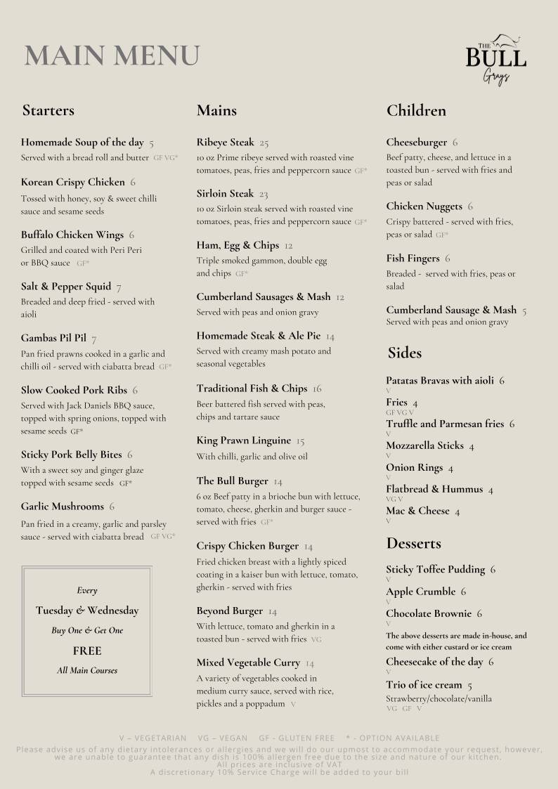 Menu at The Bull Pub & Restaurant · Grays, Grays, 98 Dock Rd