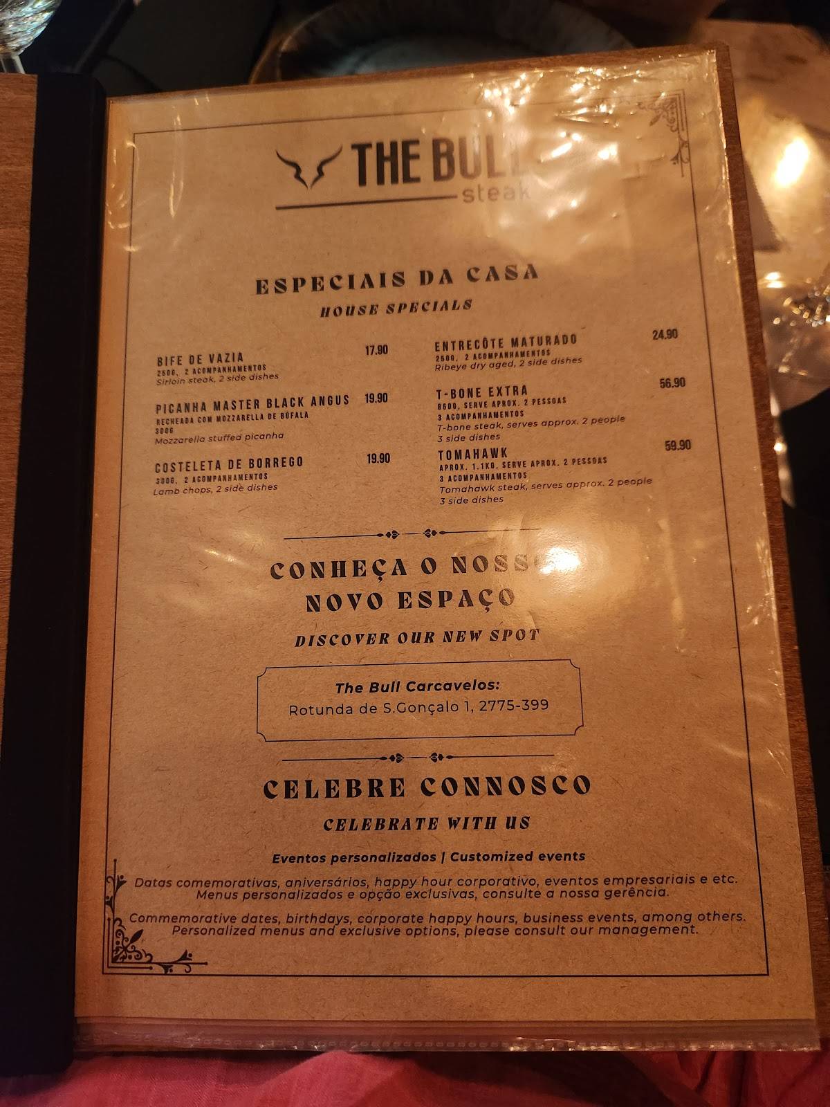 Menu at The Bull Steak restaurant, Lisbon