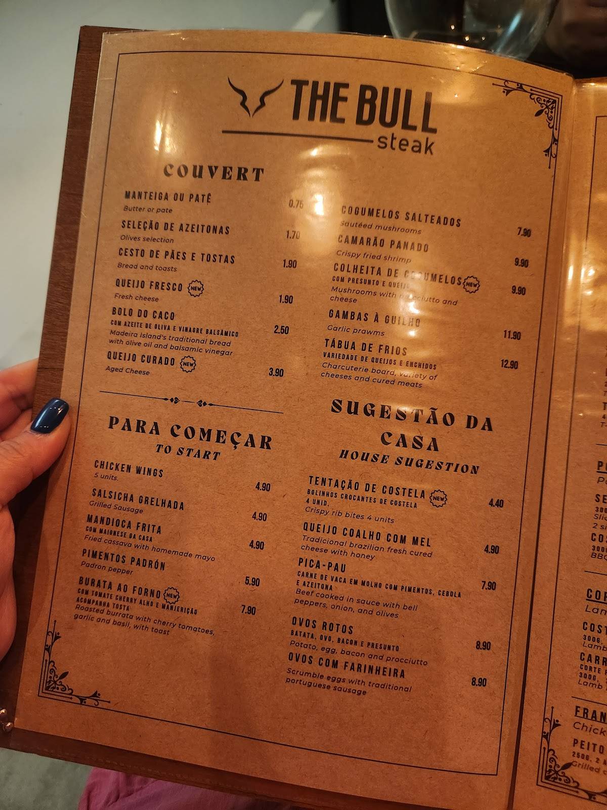 Menu at The Bull Steak restaurant, Lisbon