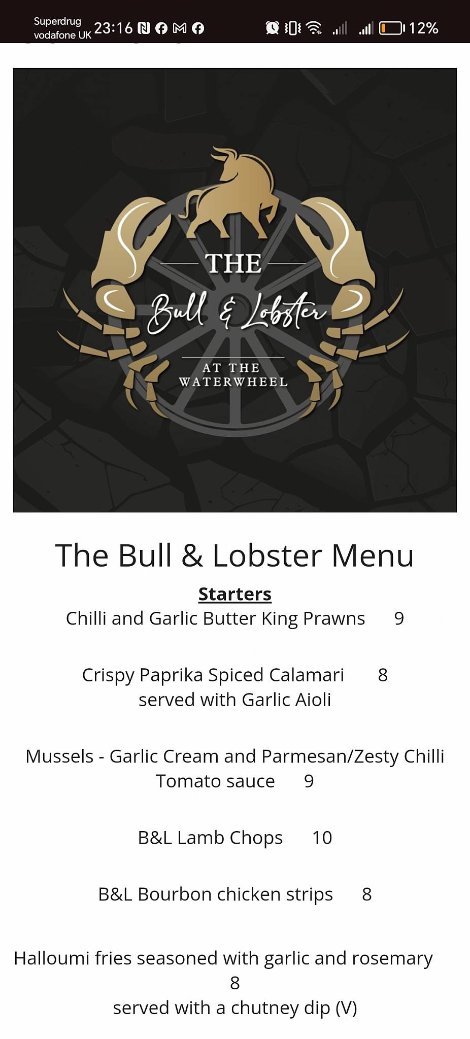 Carta del restaurante The Bull & Lobster, Goole