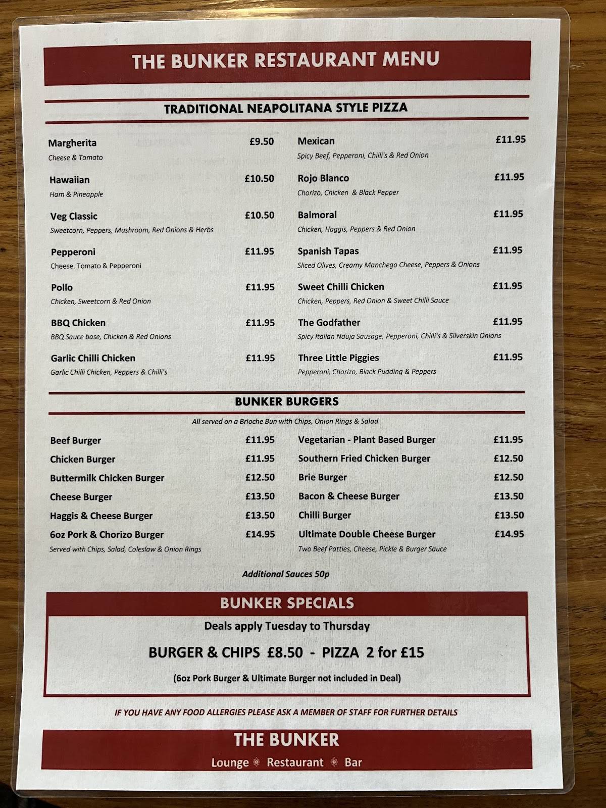 Menu at The Bunker Lounge & Bar, Perth