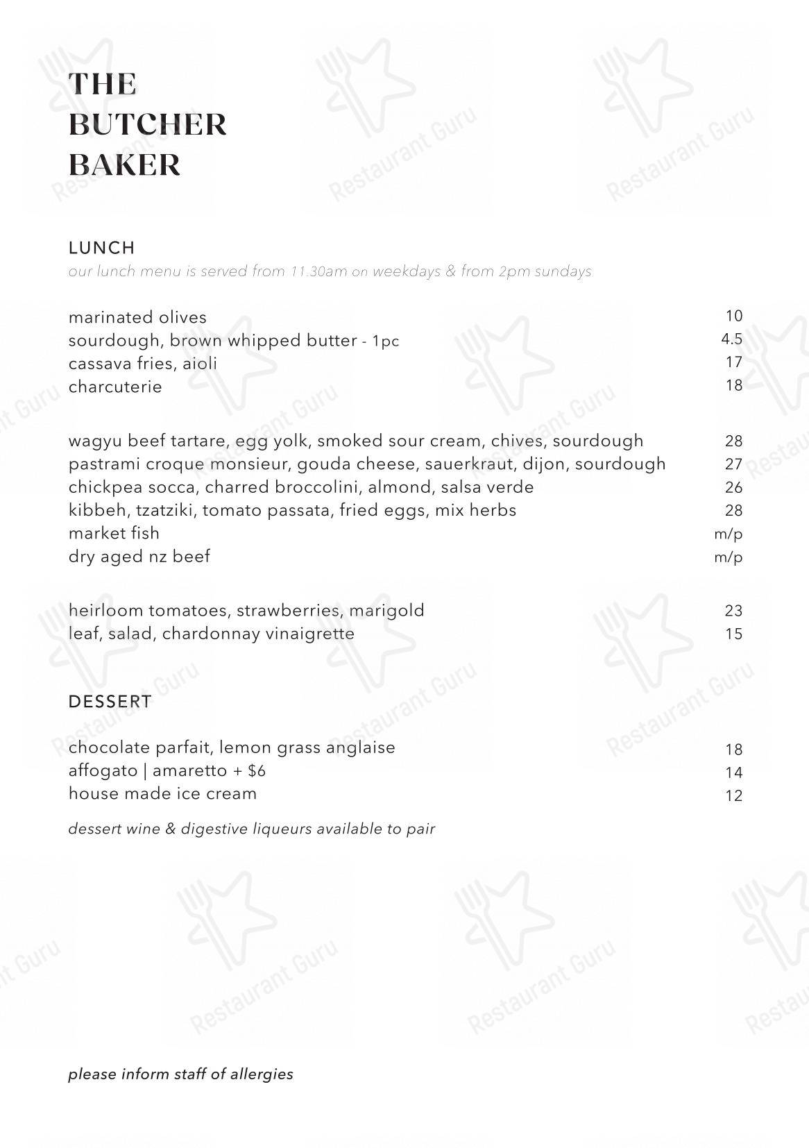 Menu at The Butcher Baker restaurant, Helensville