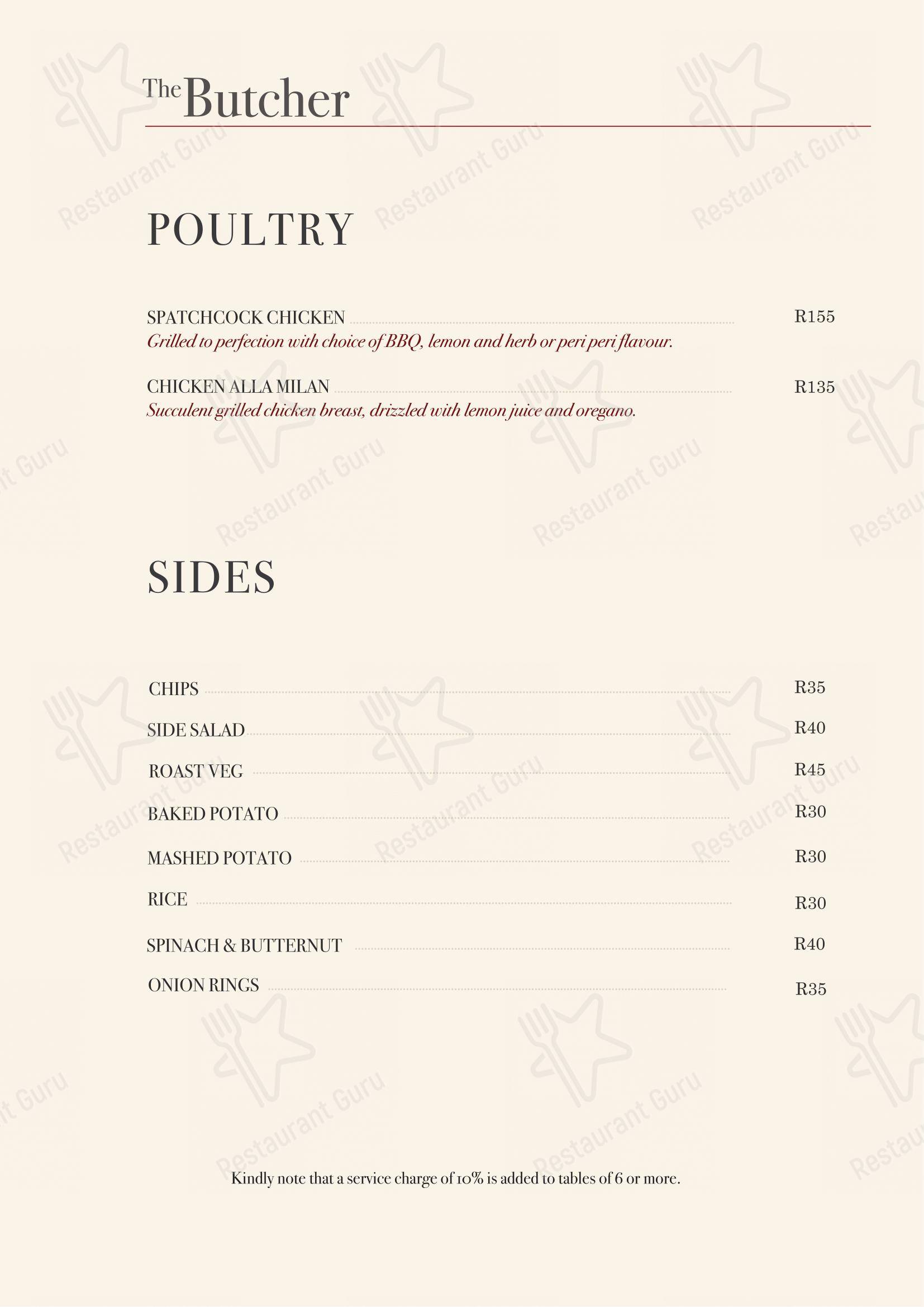 Menu at The Butcher restaurant, Cape Town, 3