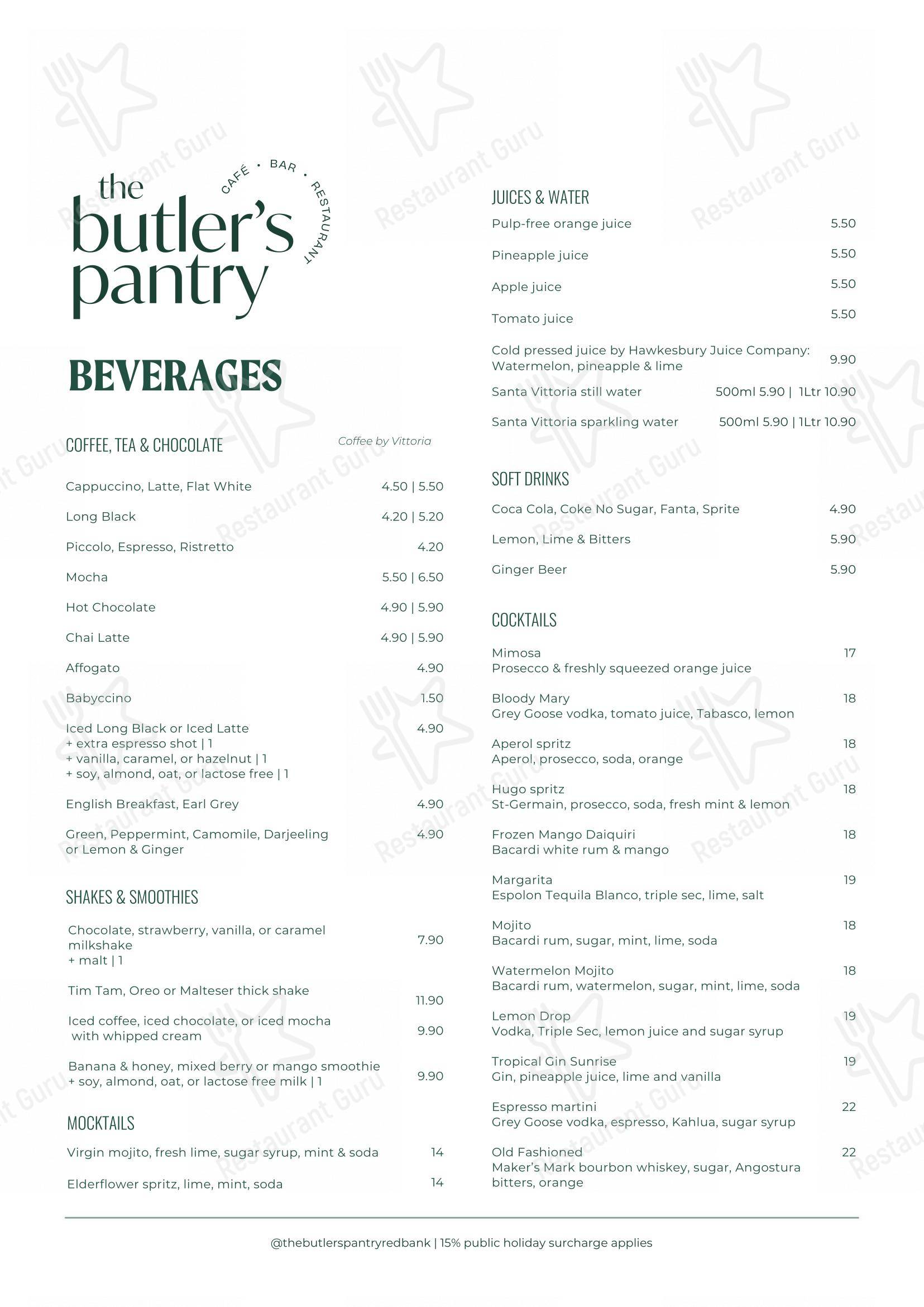 Menu at The Butler's Pantry Cafe, North Richmond