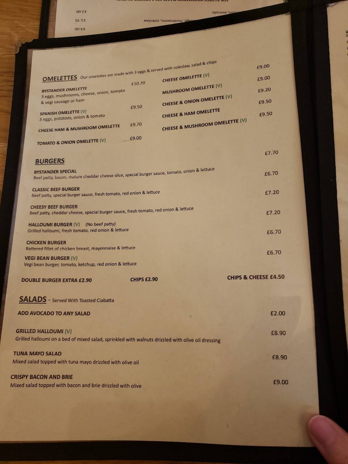 Menu at The Bystander cafe, Brighton