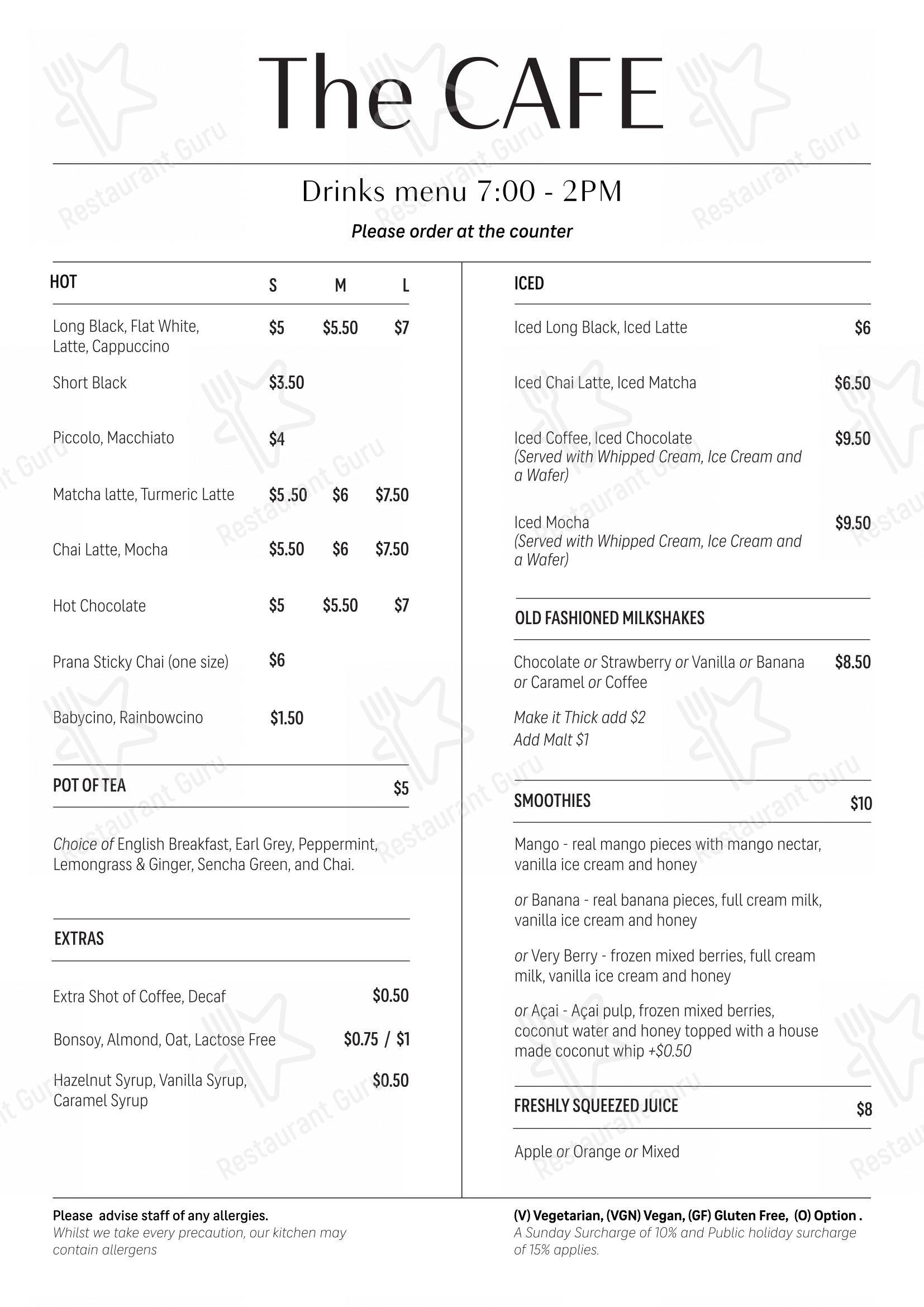Menu at The Cafe, Shoal Bay