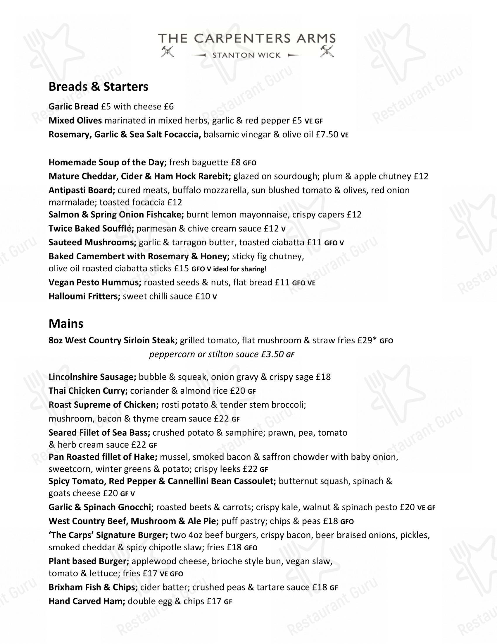 Menu at The Carpenters Arms pub & bar, Bristol, Wick Ln