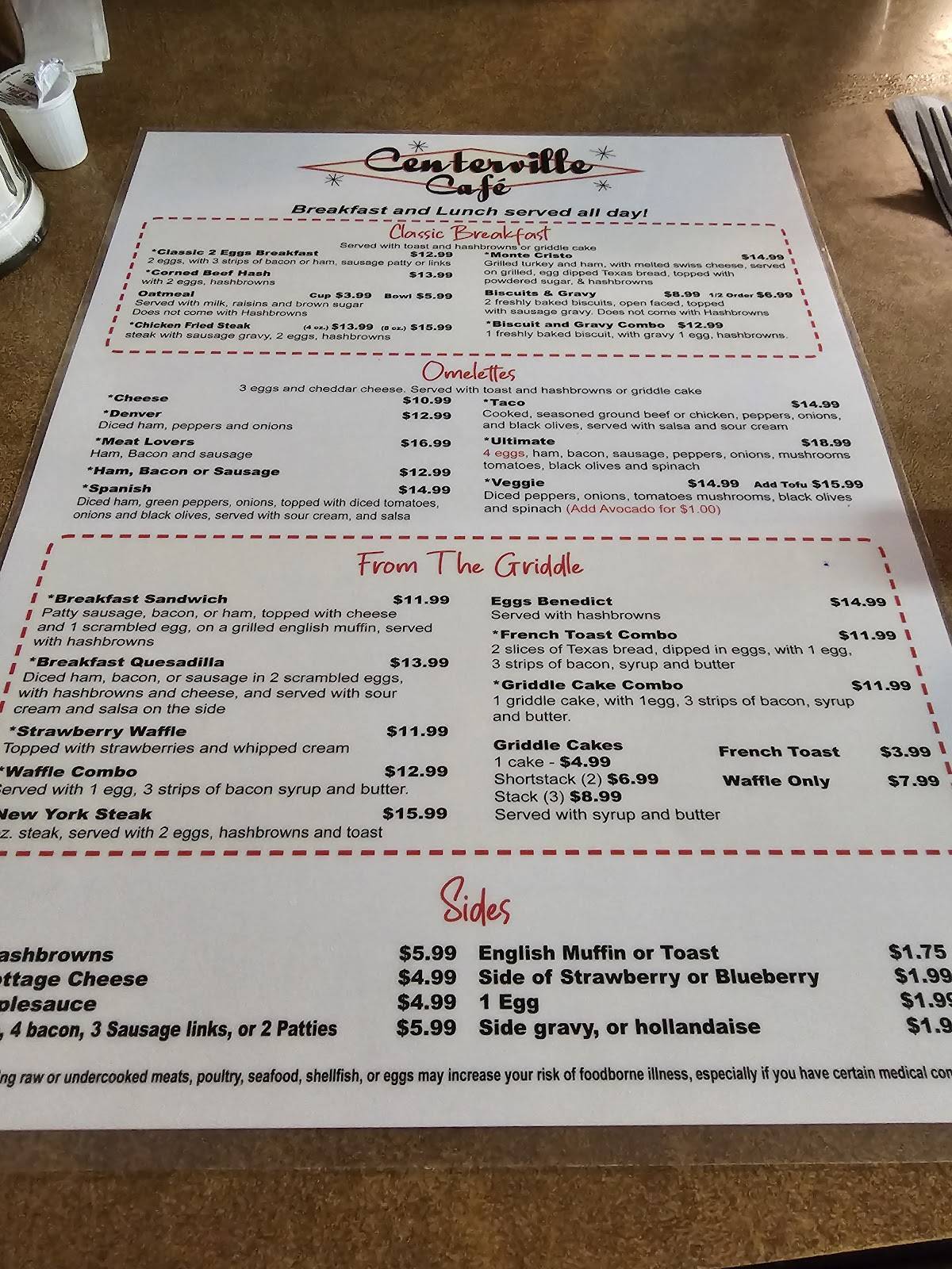 Menu at The Centerville Cafe, Centralia