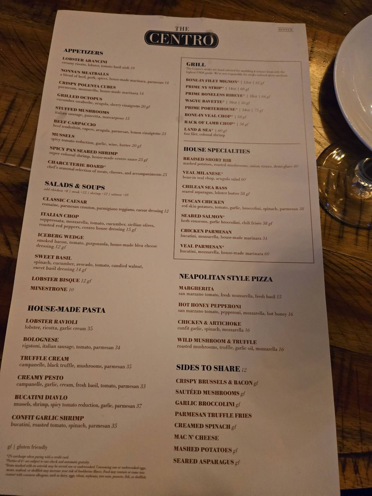 Menu at The Centro restaurant, Cleveland