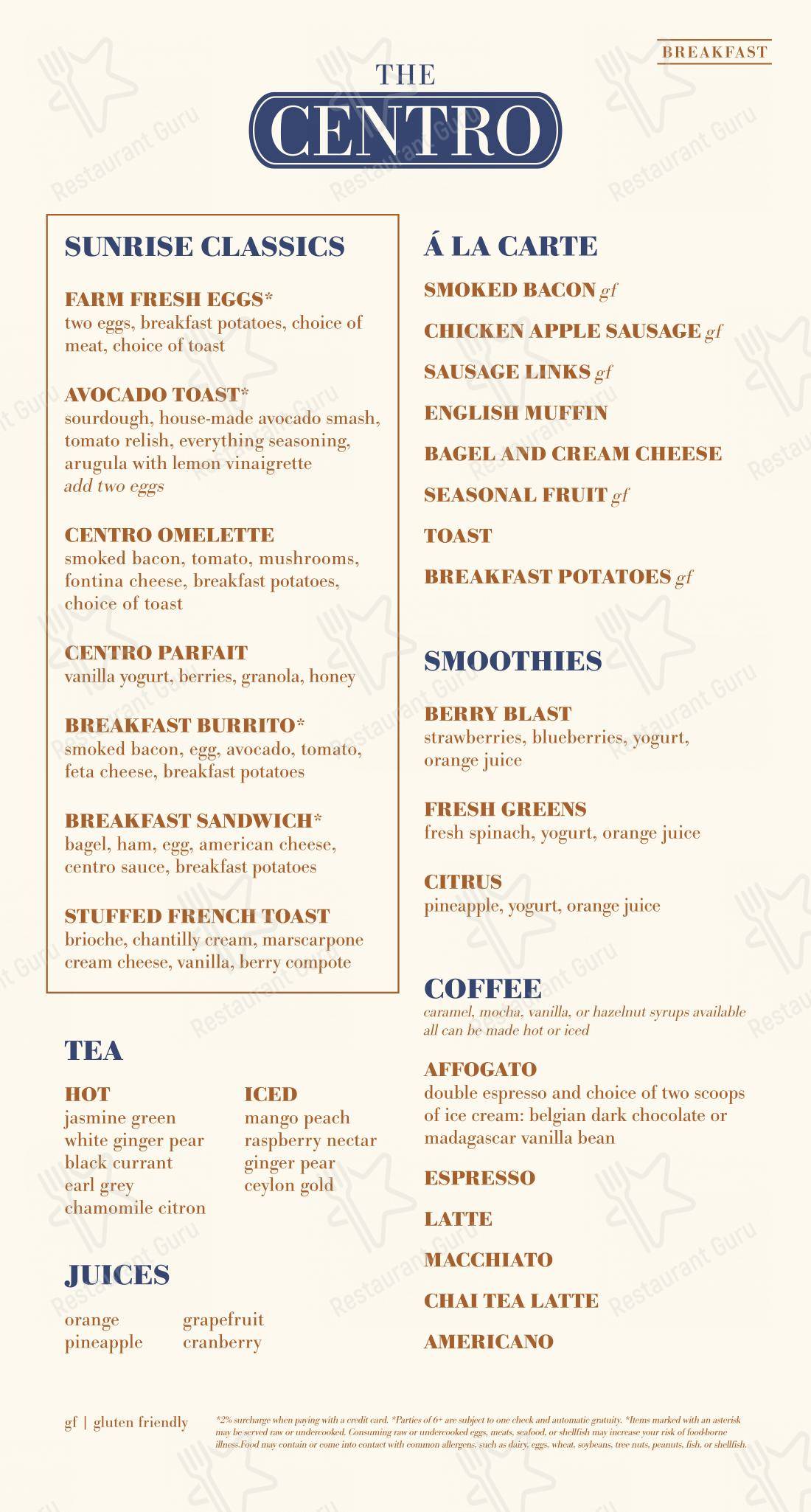 Menu at The Centro restaurant, Cleveland