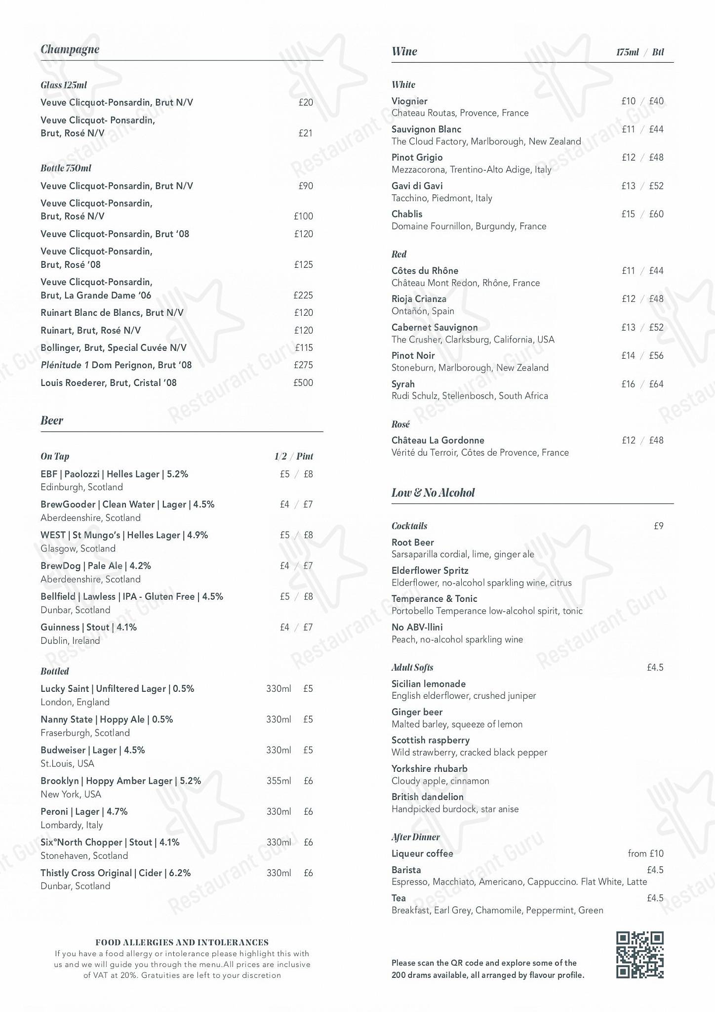 Menu at The Century Bar, Auchterarder, The Gleneagles Hotel