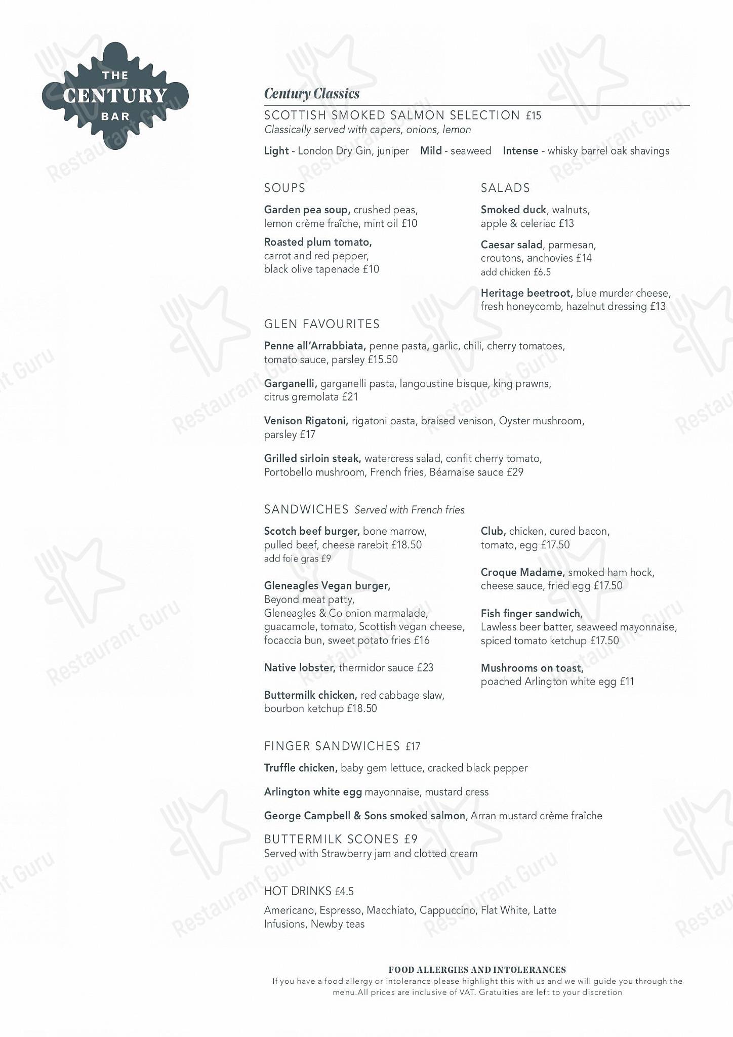 Menu at The Century Bar, Auchterarder, Gleneagles Hotel
