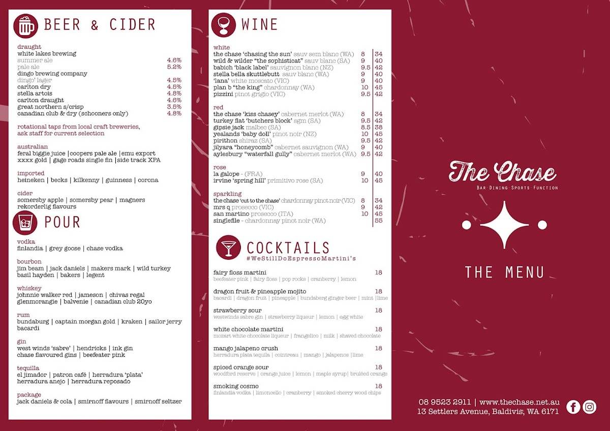 Menu at The Chase Bar & Bistro, Baldivis