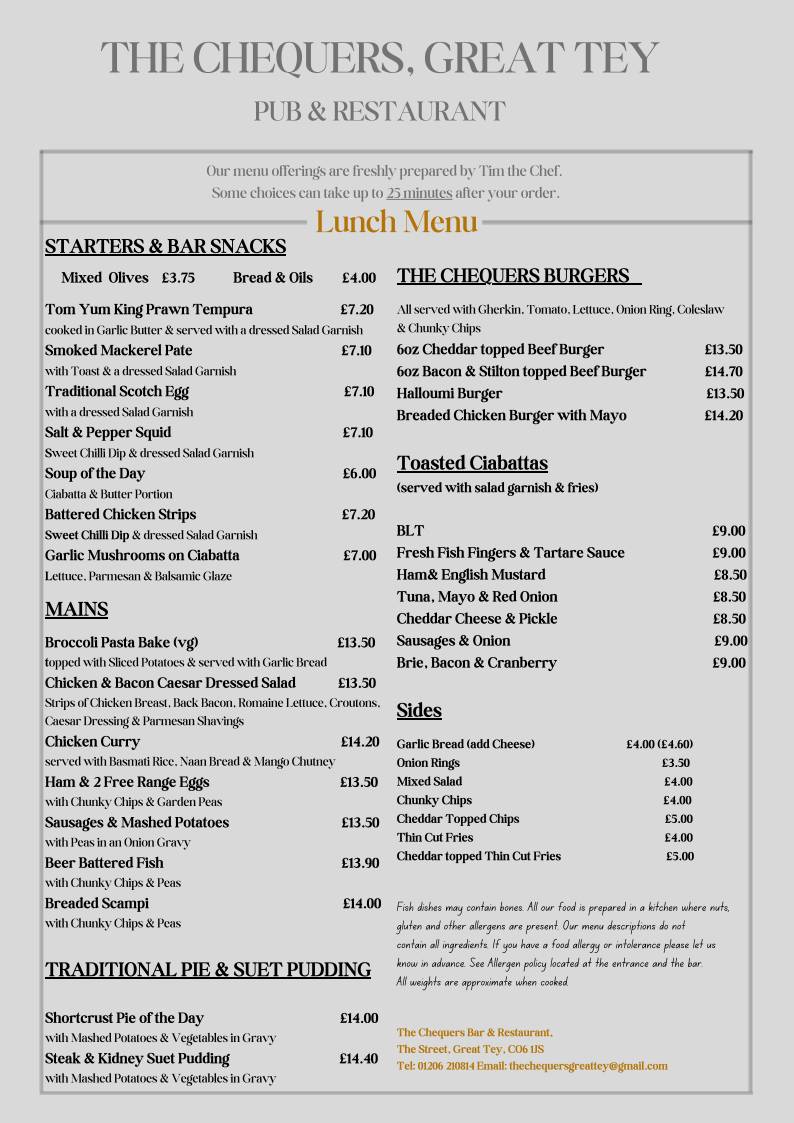 Menu at The Chequers-Great Tey pub & bar, Coggeshall