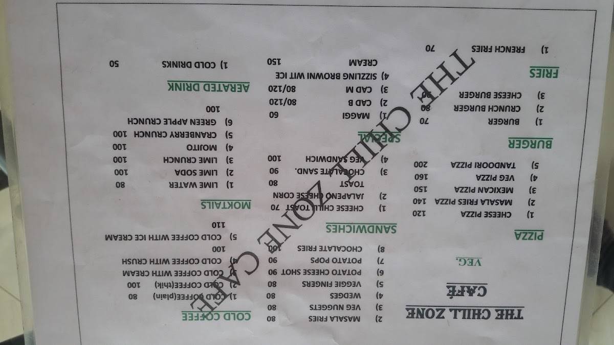 Menu at The Chill Zone Cafe, Sangli