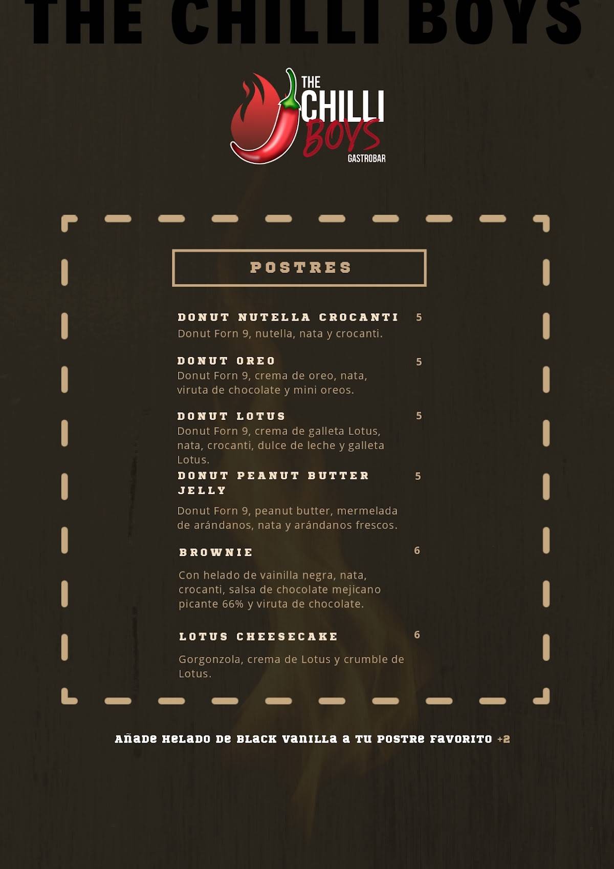 Carta del pub y bar The Chilli Boys, Sitges