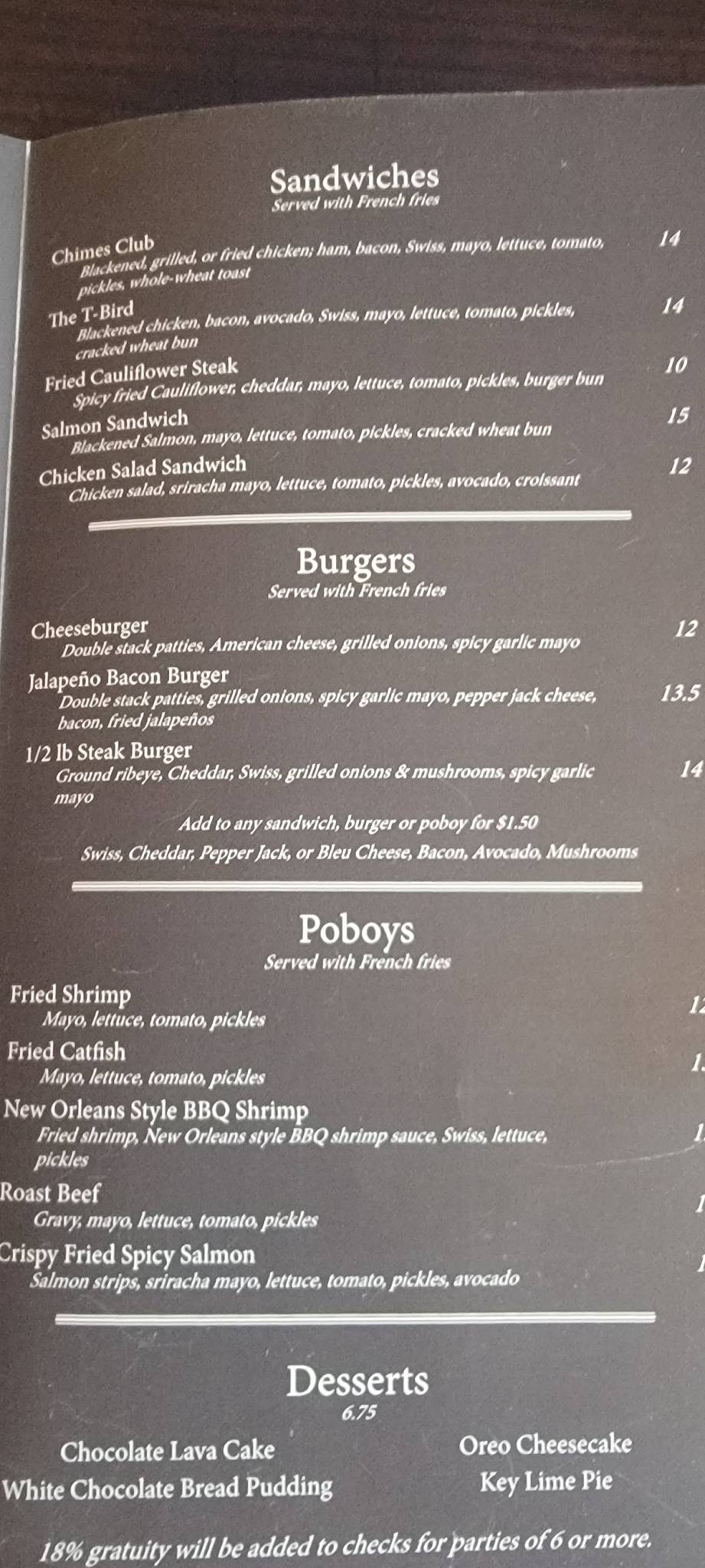 Menu at The Chimes Lafayette pub & bar, Lafayette