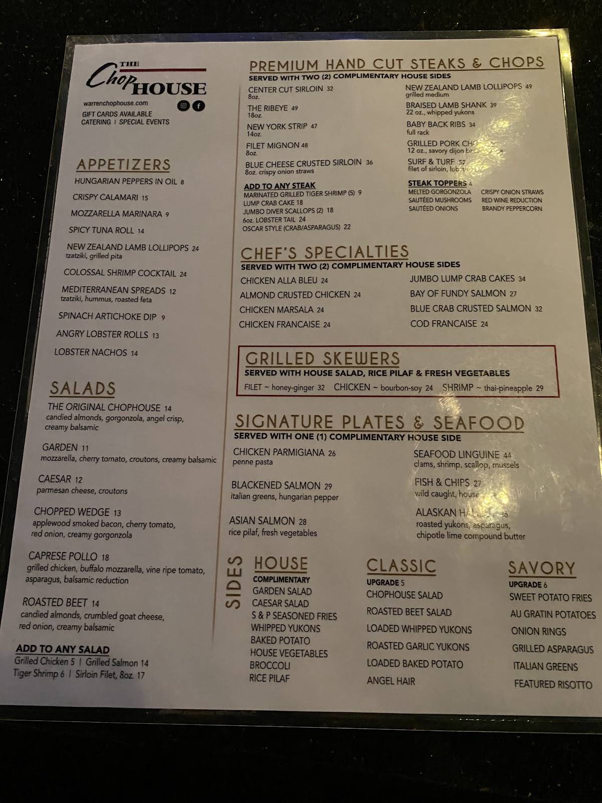 Menu at The Chophouse steakhouse, Warren