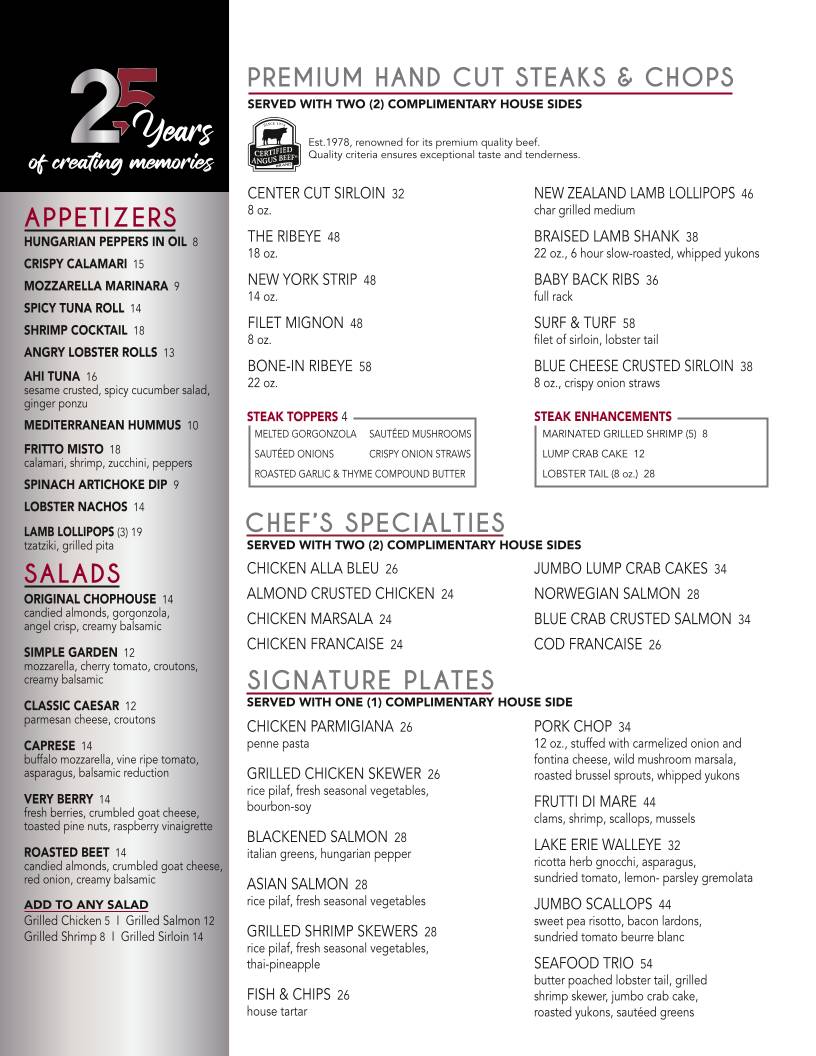 Menu at The Chophouse steakhouse, Warren