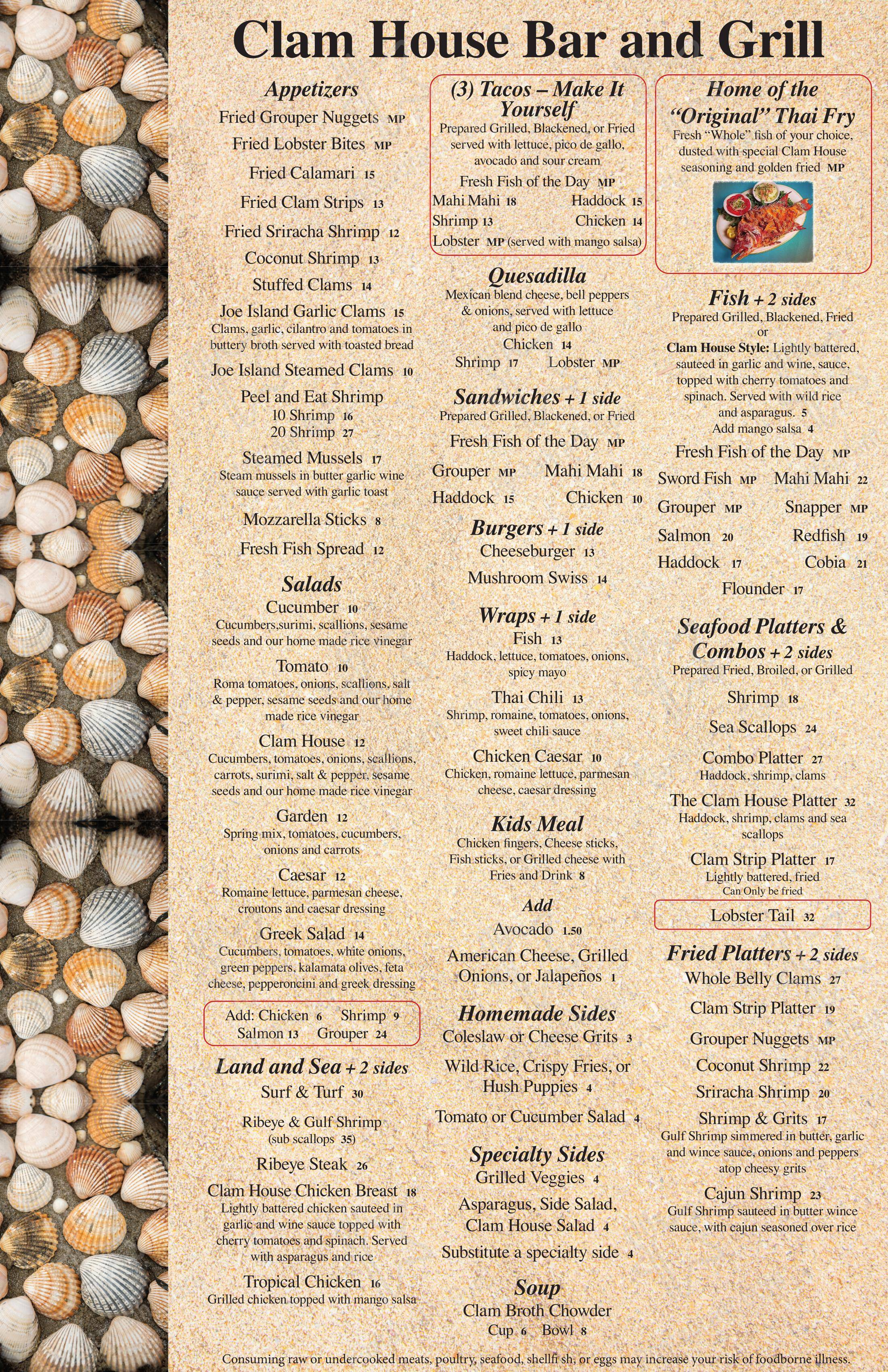 Menu at The Clam House Bar & Grill, Palmetto
