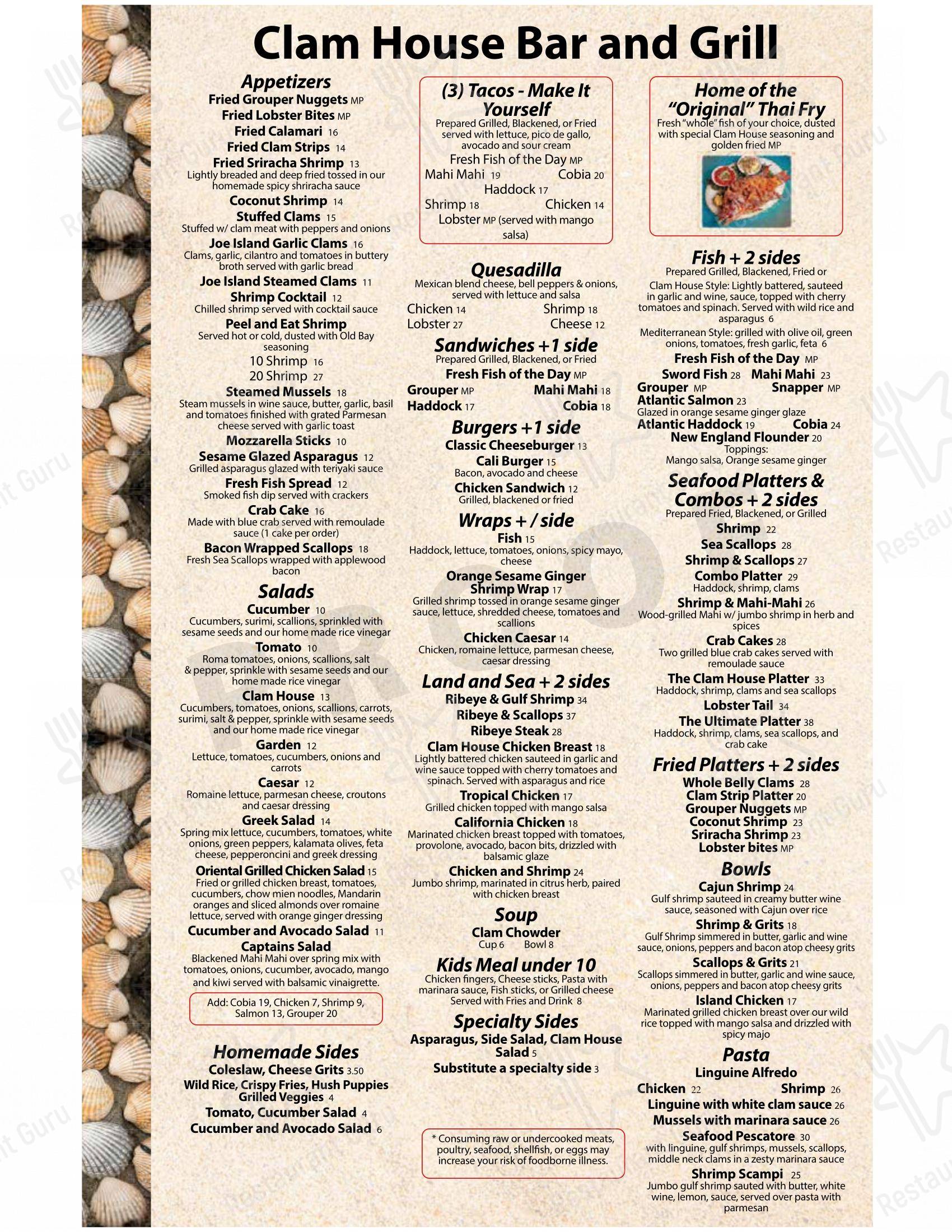 Menu at The Clam House Bar & Grill, Palmetto