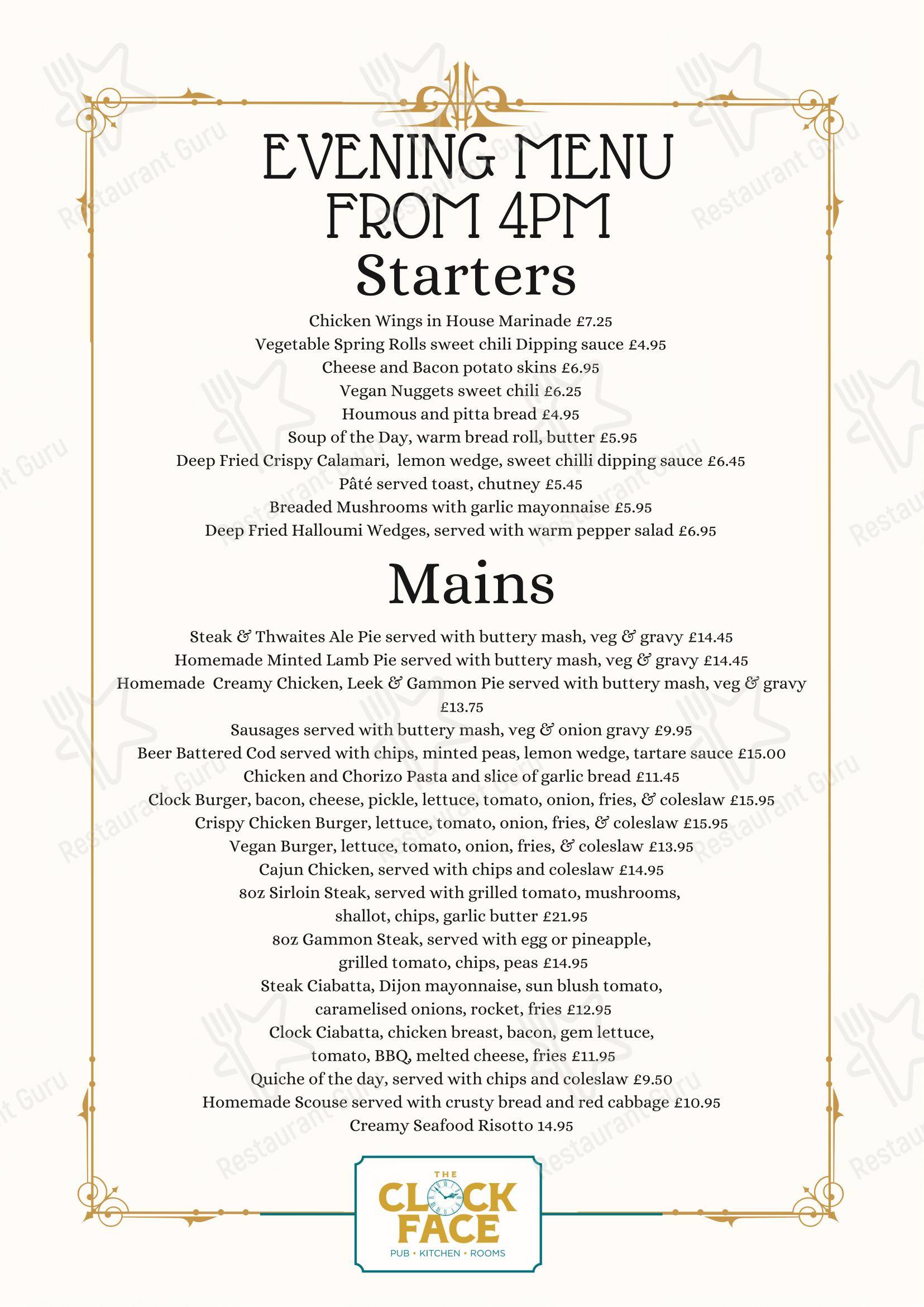 Menu at The Clock Face pub & bar, Prescot