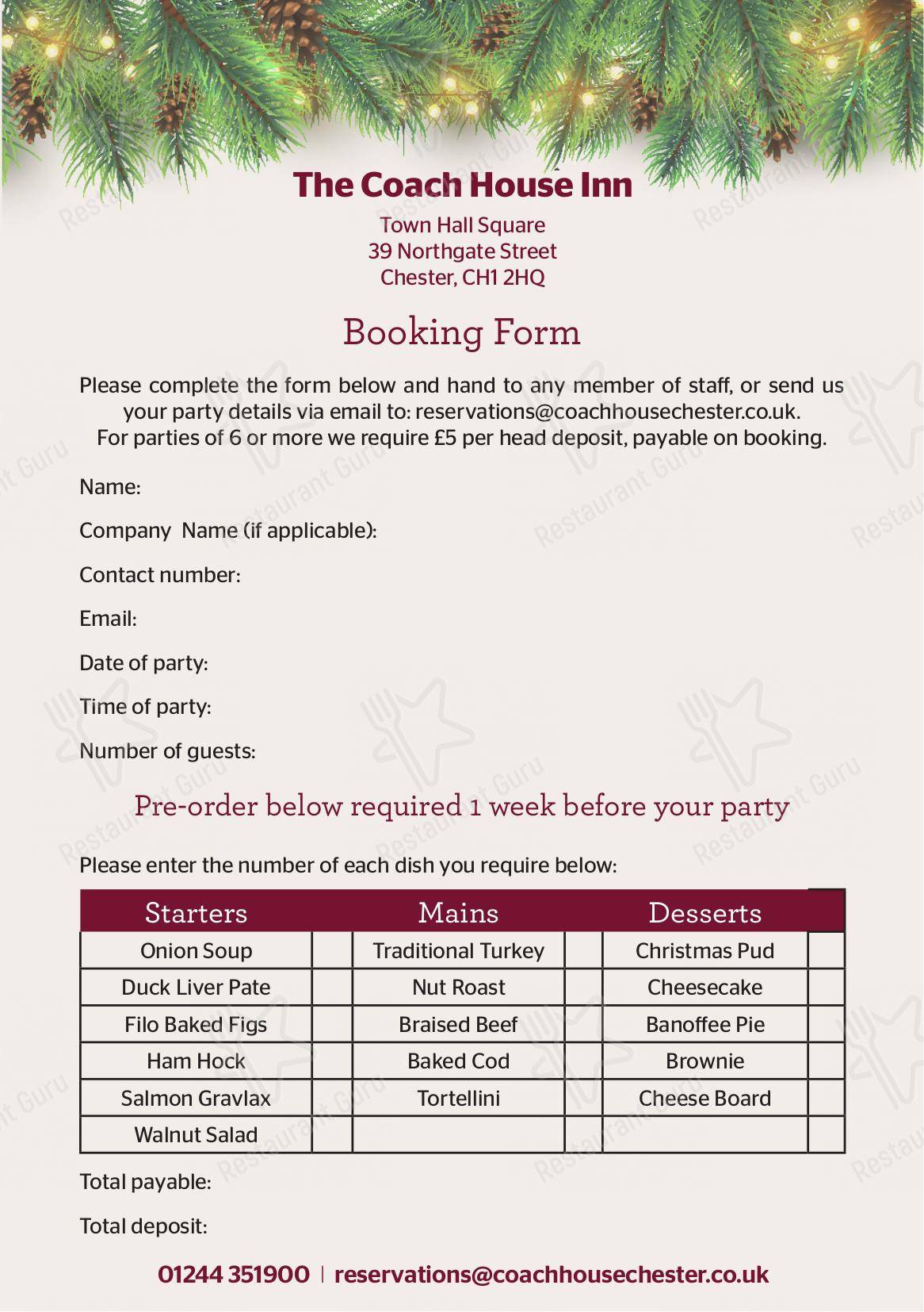 Menu at The Coach House Inn pub & bar, Chester