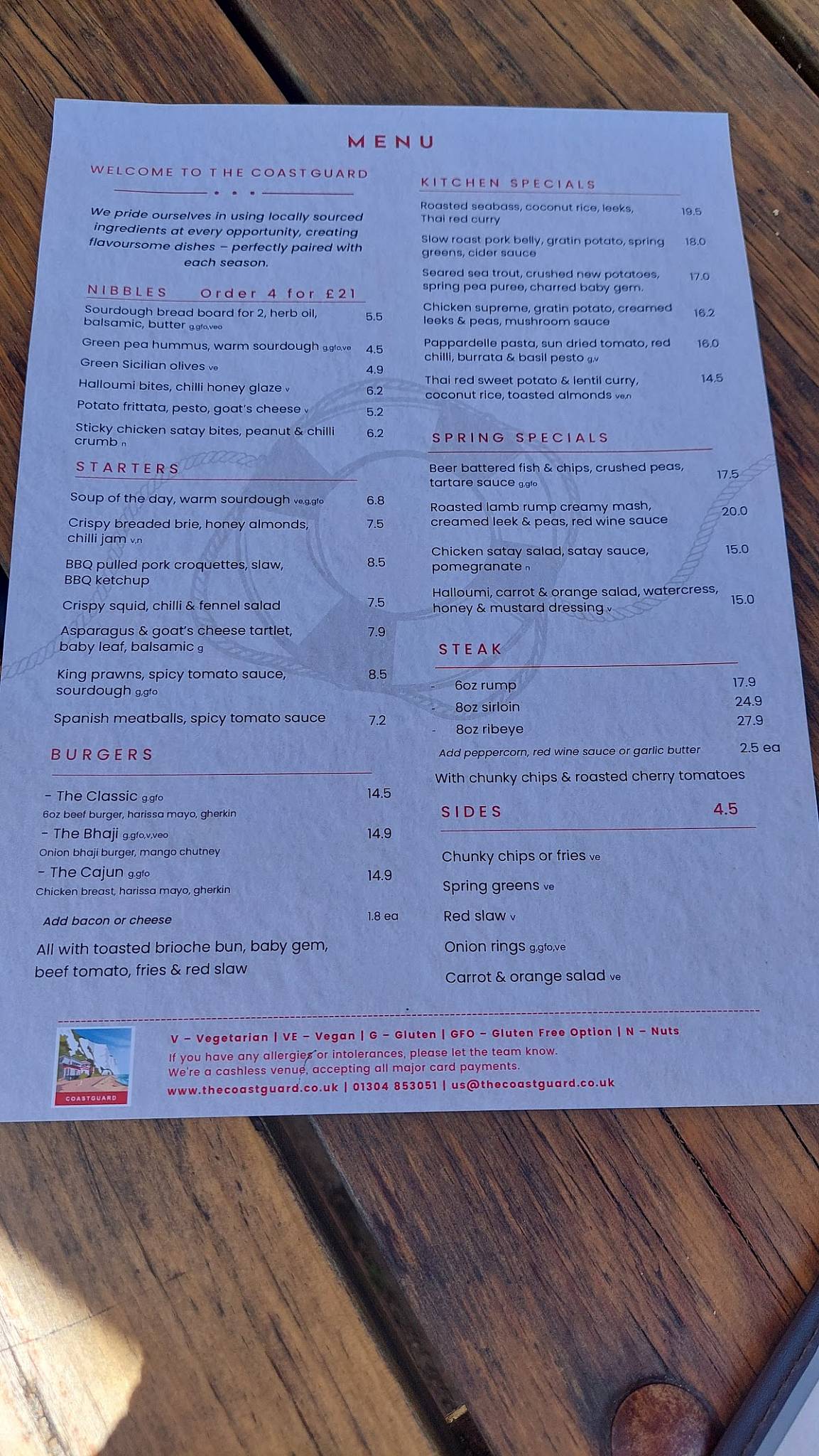 Menu at The Coastguard Pub, Saint Margarets Bay