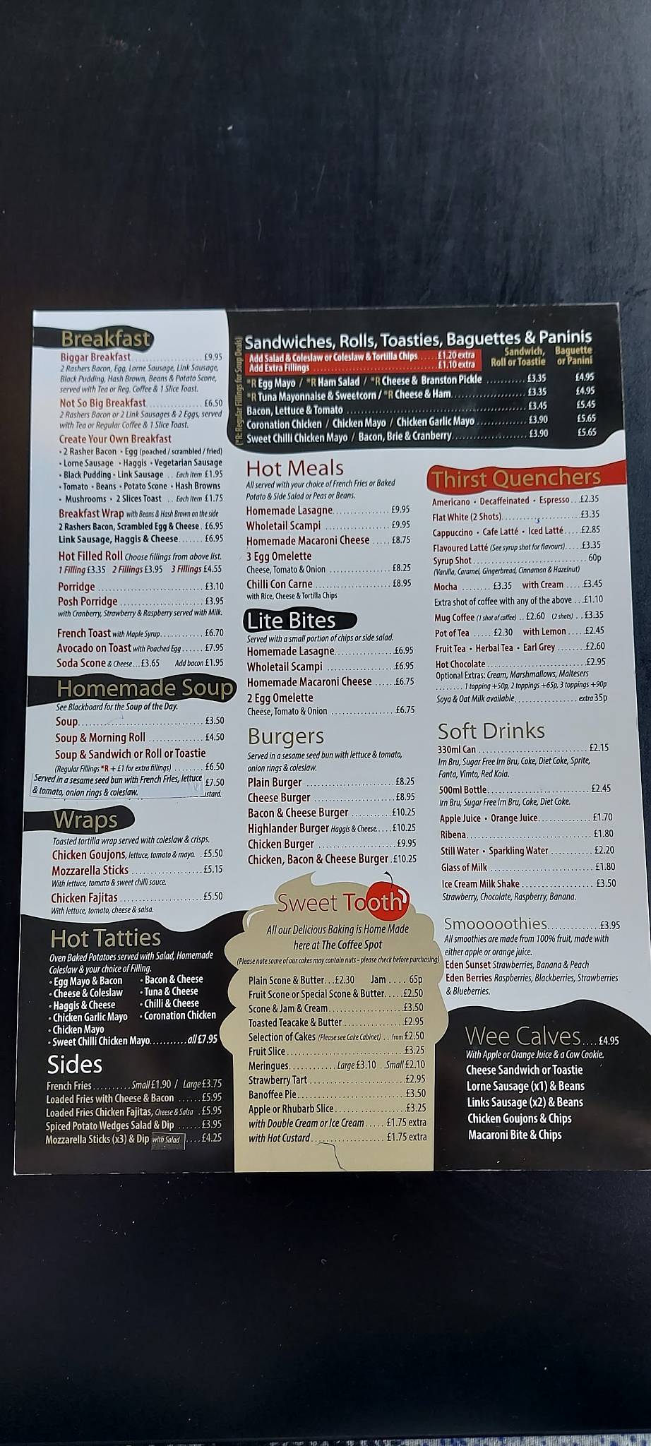 Menu at The Coffee Spot cafe, Biggar
