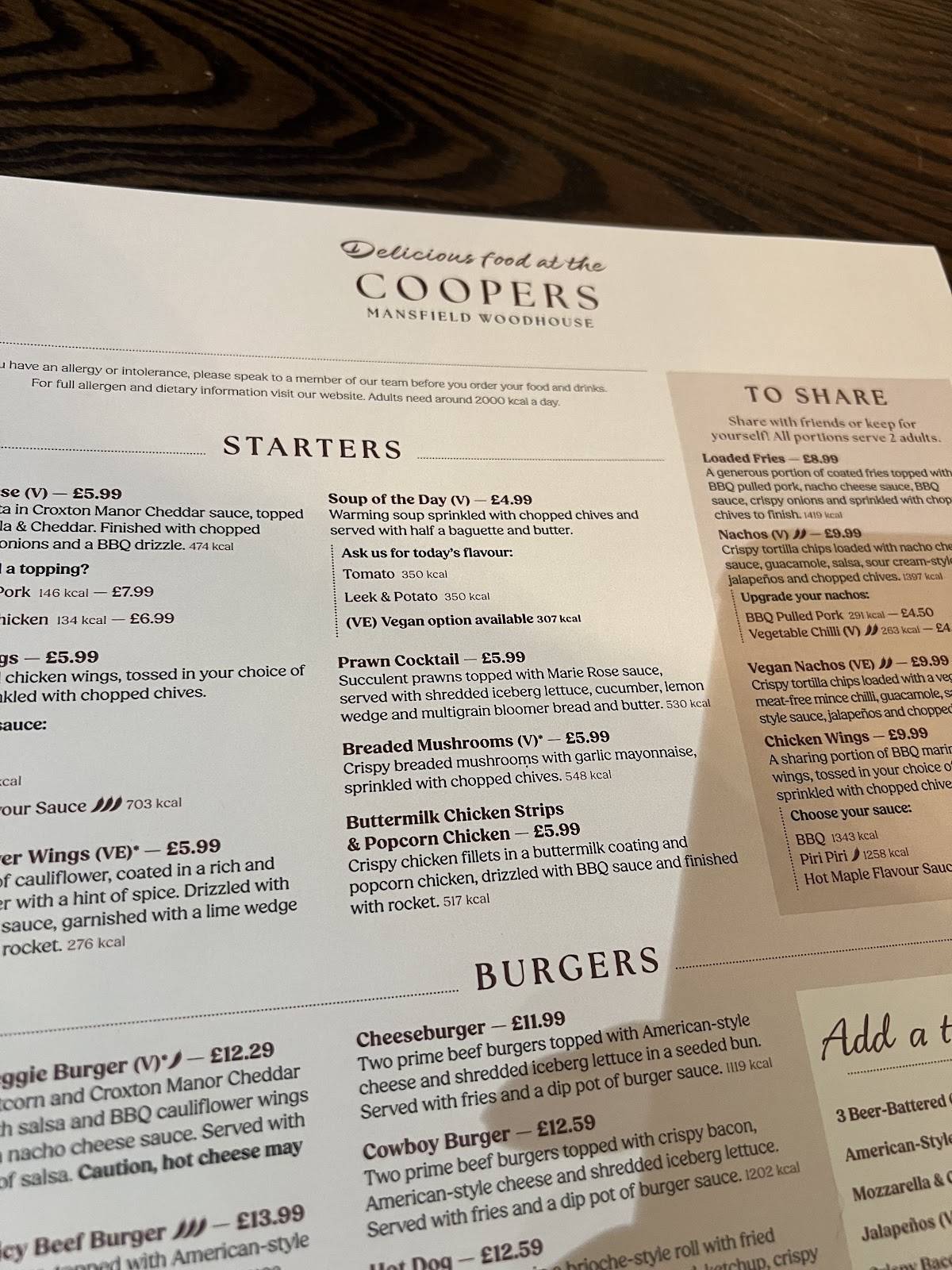 Menu at The Coopers at Mansfield Woodhouse restaurant, Mansfield ...