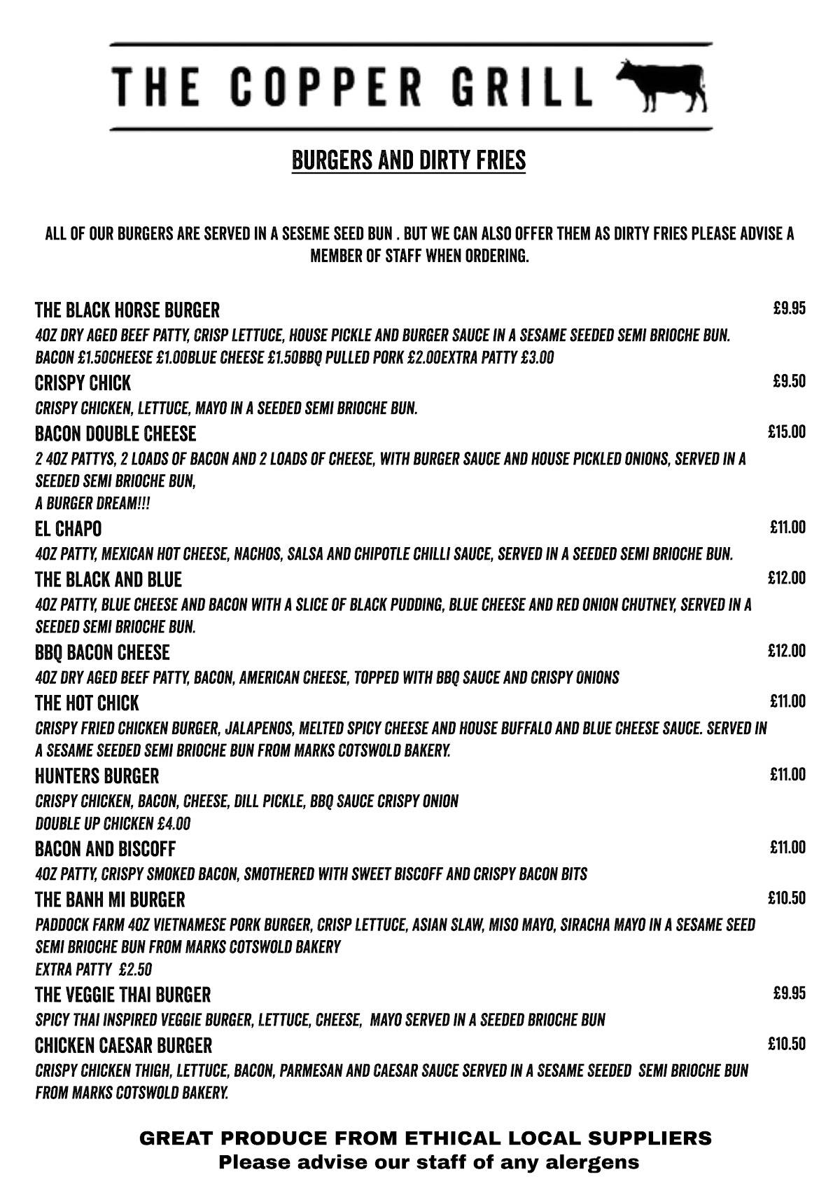 Menu at The Copper Grill restaurant, Shipston-on-Stour