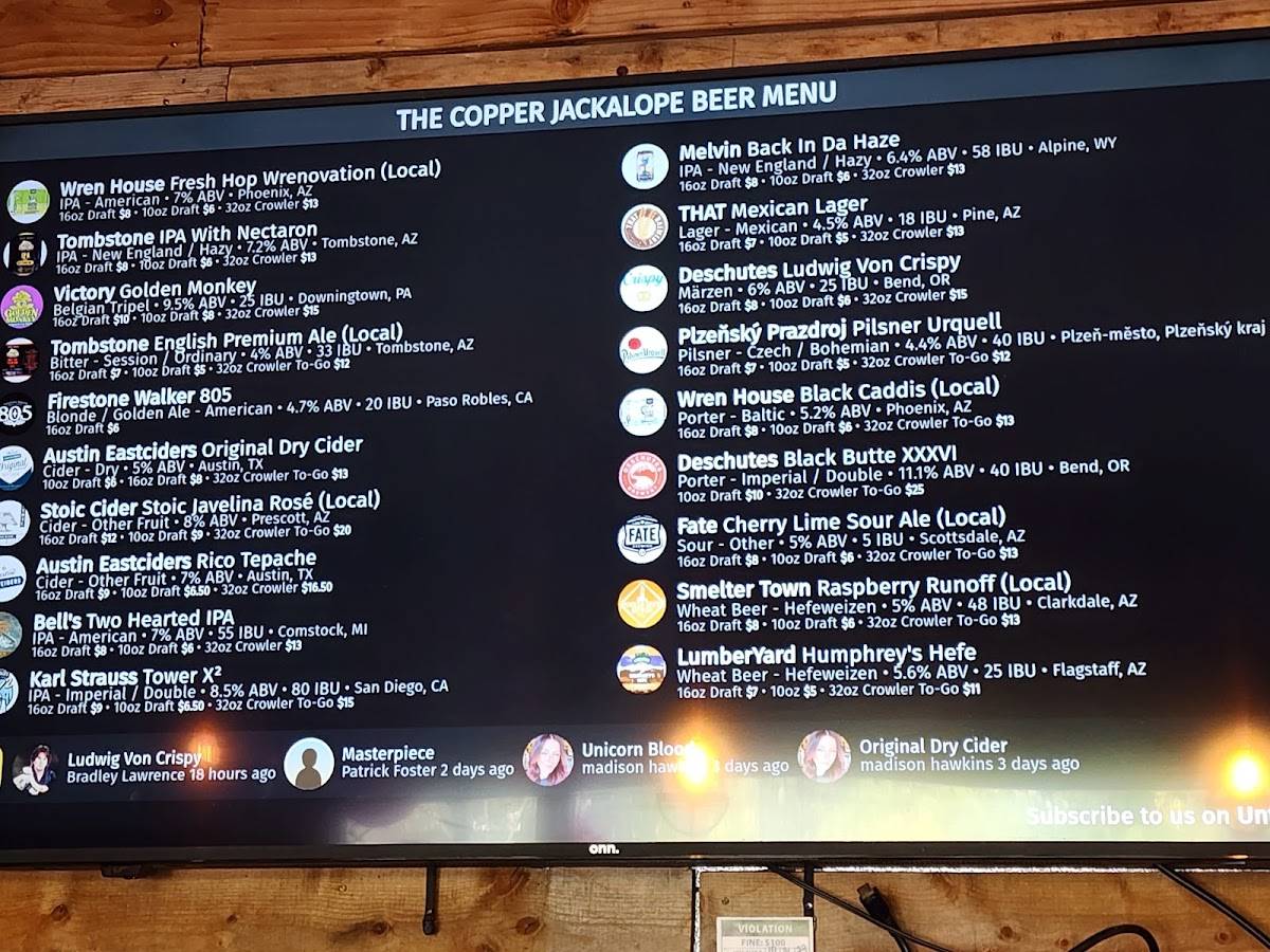 Menu at The Copper Jackalope pub & bar, Cottonwood