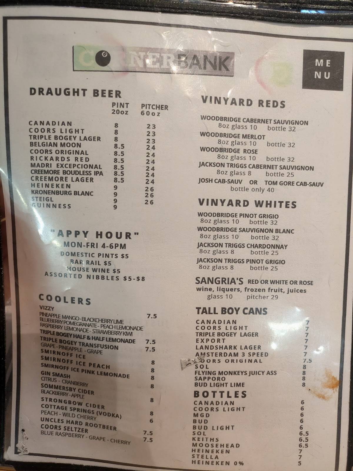 Menu at The Corner Bank Sports Bar & Grill, Toronto